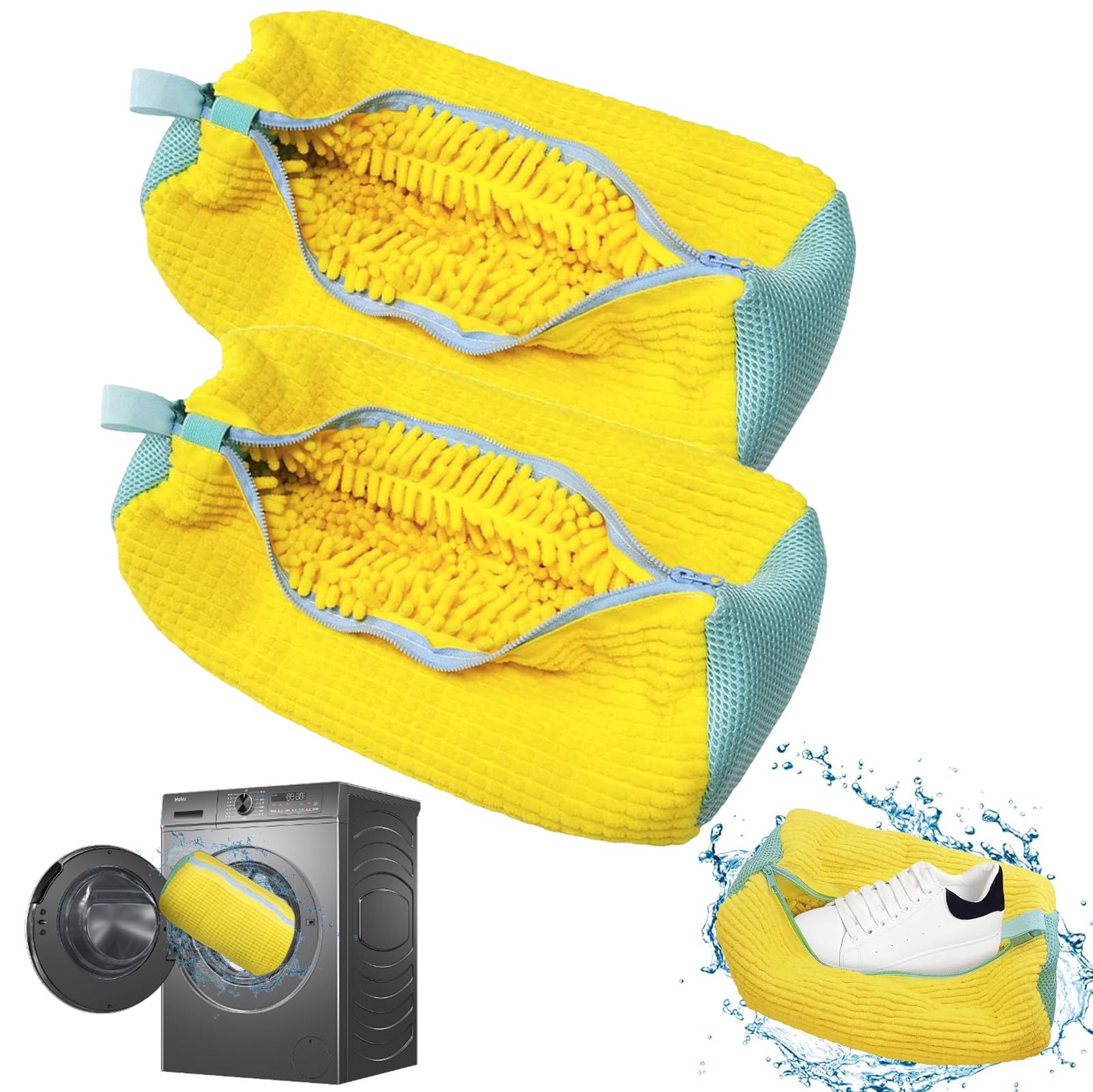 Shoe Bag for Washing Machine, Shoe Washing Bag, Reusable Laundry Shoe Bag for Washer and Dryer, Shoe Washing Bag for All Shoe Types and Sizes (Yellow 2Pcs)