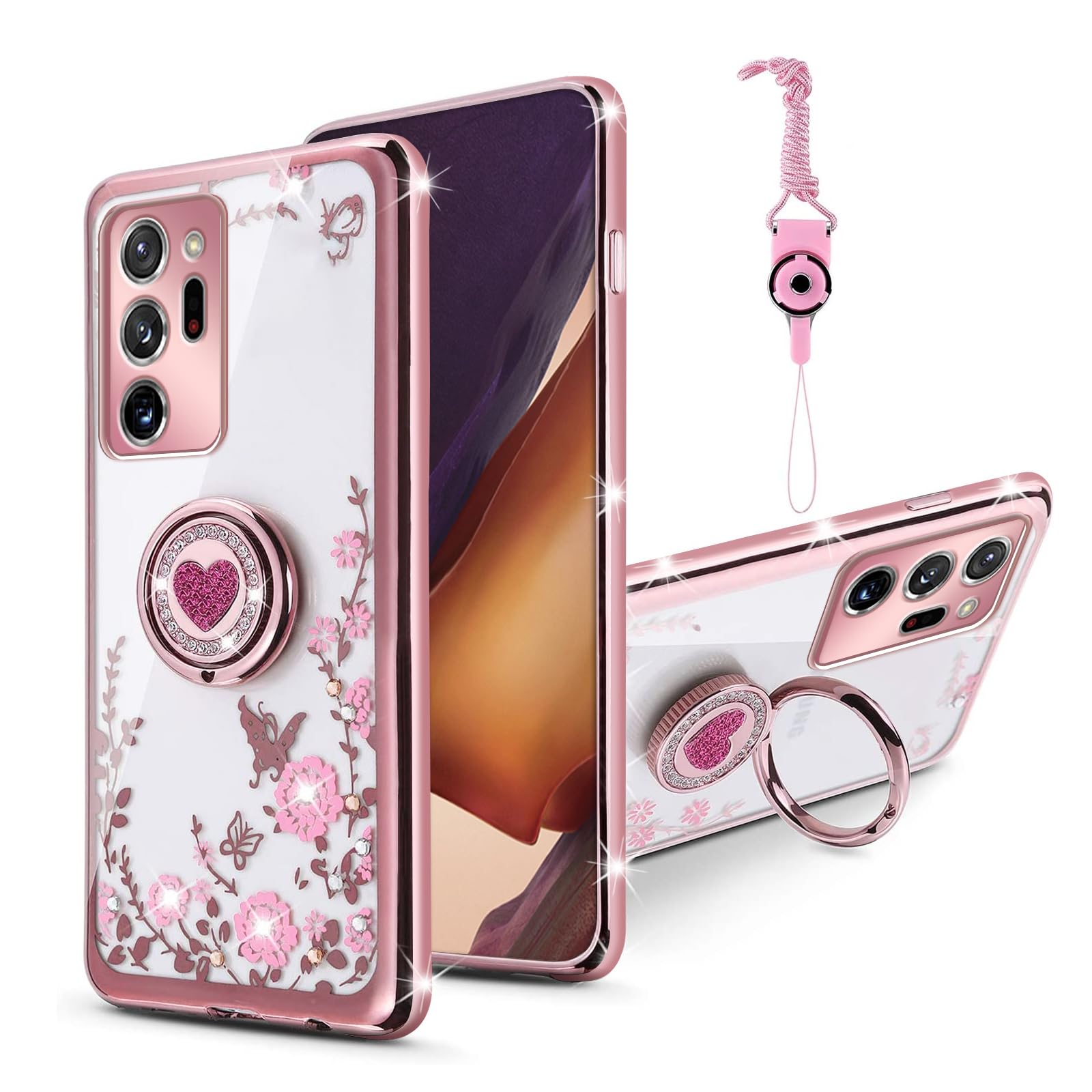 for Note 20 Ultra Case,Galaxy Note 20 Ultra Case for Women, Glitter Crystal Butterfly Heart Floral Slim TPU Bling Cute Girls Protective Cover with Ring Holder Stand+Strap for Note 20 Ultra(Rose Gold)