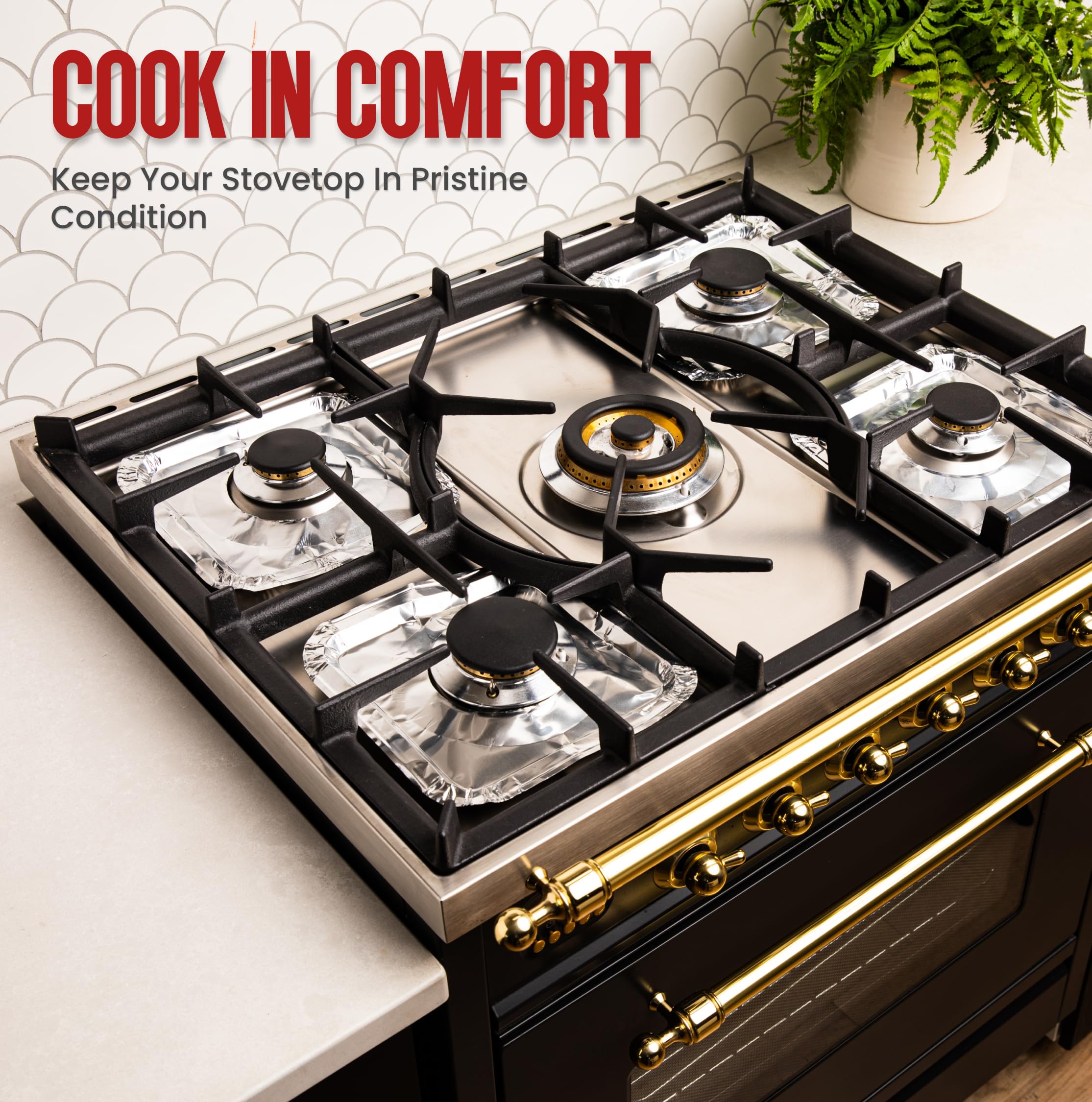Gas Stove Burner Covers by Linda’s Essentials (50 Pack) | Disposable Aluminium Stove Burner Liners | 8.5” Square Heat Resistant Gas Range Protector | Thick Stove Top Covers For Gas Burners