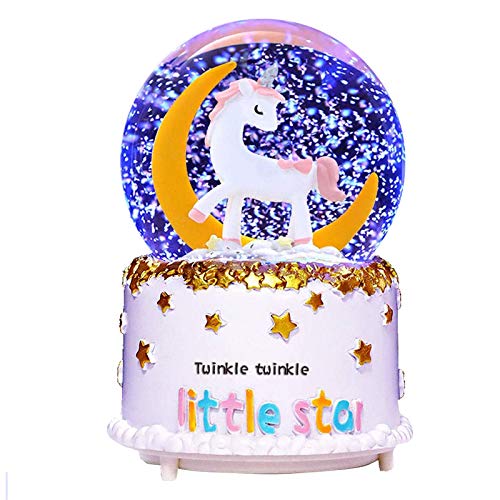 VECU Unicorn Snow Globe, 80 MM Automatic Snowfall Cartoon Moon Music Box Home Decoration for Girls Kids Granddaughters Babies Birthday Gift, Musical, Resin/Glass