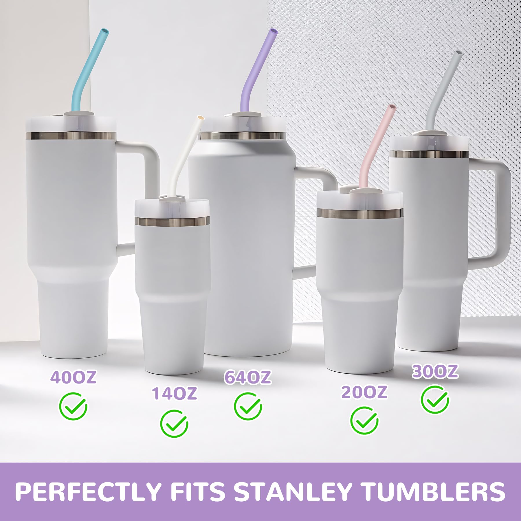 NiHome 14PCS Silicone Straws for Stanley 40oz 30oz Tumbler, 14” Extra Long Reusable Drinking Straw, Flexible Can Cut Length for 1/Half Gallon 75 64 OZ Large Water Bottle - 2 Cleaning Brushes (Rainbow)