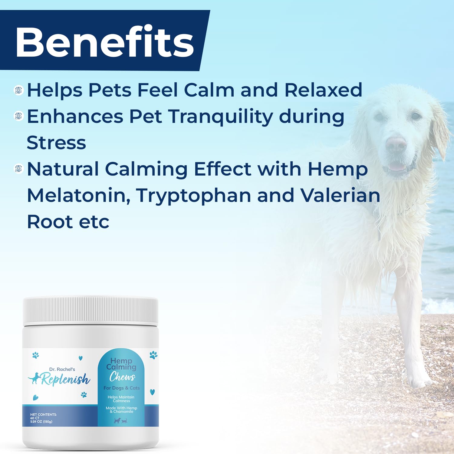 Replenish Hemp Calming Chews for Dogs and Cats - Dr. Rachel's Dog Calming Treats, Soothing Botanicals, Grain-Free, Anxiety Relief, Stress Support - 60 Count