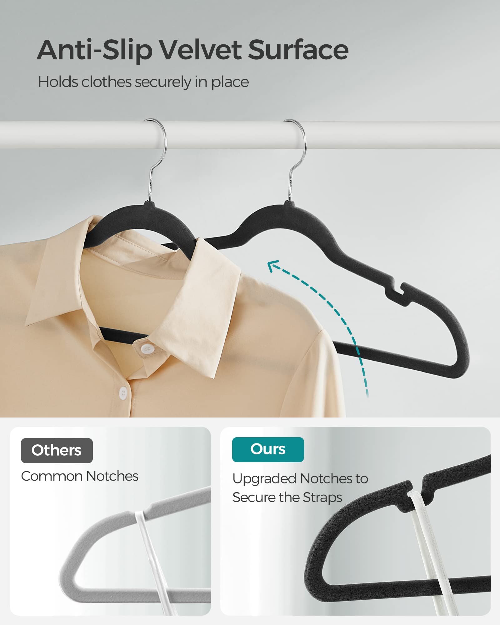 SONGMICS Velvet Hangers 60 Pack, Non-Slip Clothes Hangers, Suit Hangers with Shoulder Notches, Pants Bar, 360° Swivel Hook, Space-Saving, for Closet, Ink Black UCRF030B01