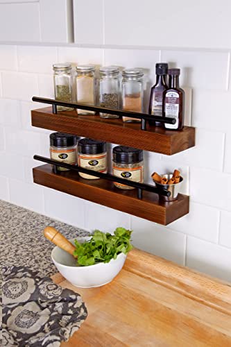 Ripple Creek Floating Shelf Spice Rack - Multipurpose Pantry, Kitchen & Bathroom Wall Mounted Organizer for Spices, Essential Oils - Rustic Wood Hanging Shelving for Home - Solid Pine