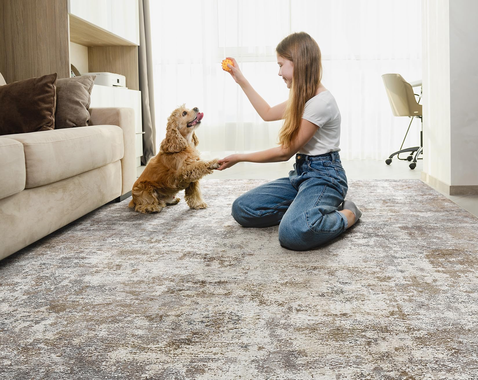UERMEI 9x12 Area Rug Living Room Rugs - Washable Neutral Modern Abstract Soft Thin Large Rug Indoor Floor No Slip Rug Carpet for Bedroom Under Dining Table Home Office Decor - Brown Grey