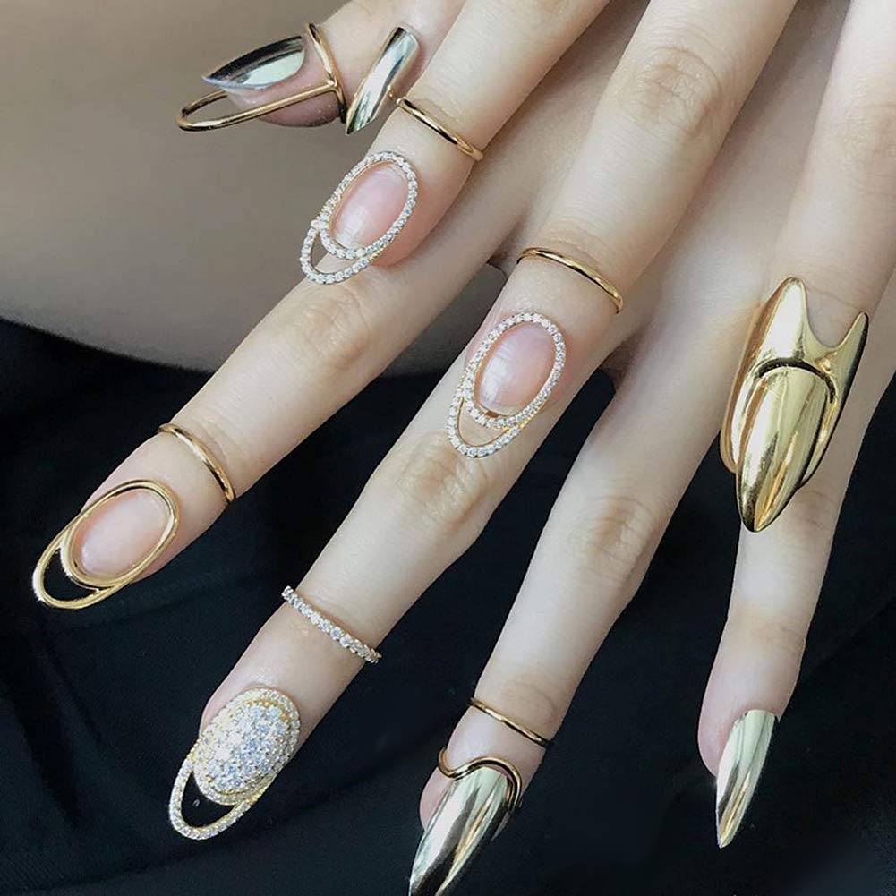 HAHA&TOTO Statement Fingernail Ring for Girls Women Silver Plated Full Zircon Adjustable Finger Tip Ring Fashion Ring Cocktail Party Accessory