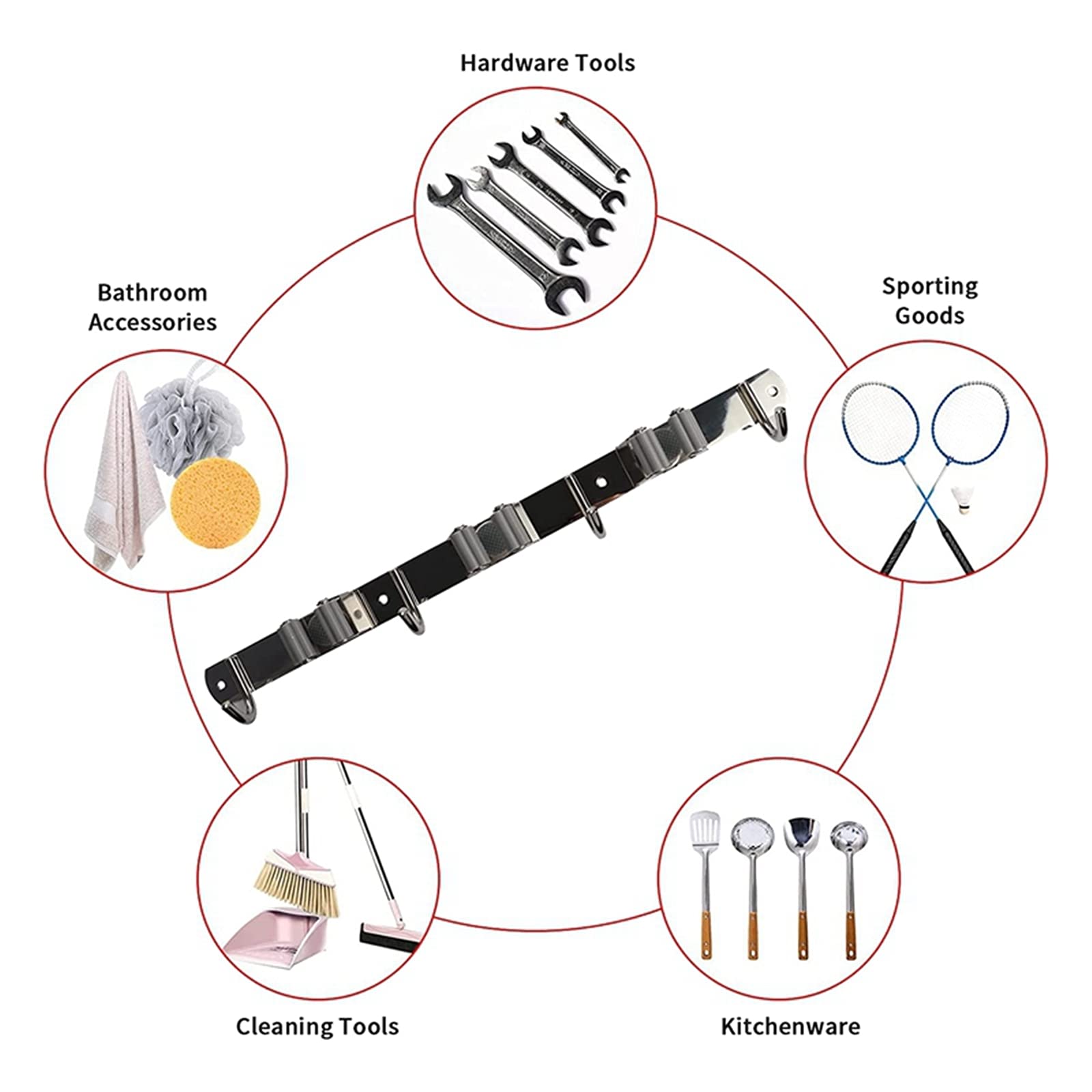 YYTONG Broom and Mop Holder, Wall Mounted Broom Holder, Stainless Steel Mop Holder, Self Adhesive Heavy Duty Hooks Storage Organizer for Laundry Room Garden Garage Closet Kitchen (3 Racks 4 Hooks)