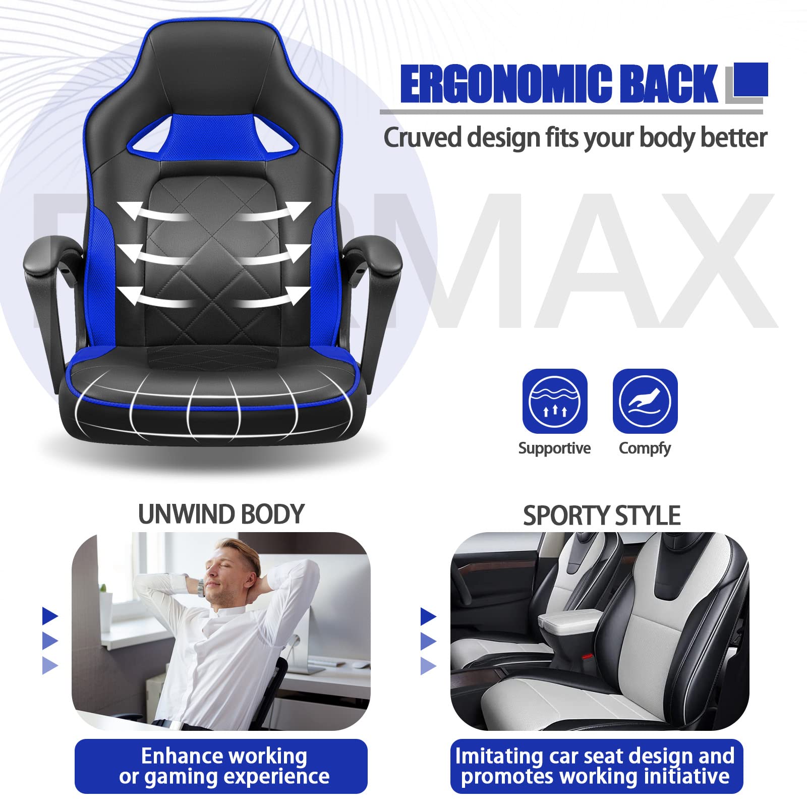 Furmax Gaming Chair PC Computer Desk Chair Comfortable Office Chair Racing Style PU Leather Executive Chair with Lumbar and Back Support, Swivel Task Chair (Black)