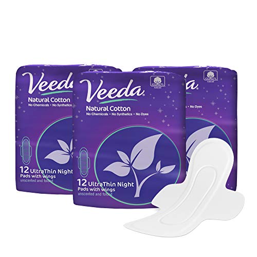 Veeda Ultra Thin Super Absorbent Night Pads Are Always Chlorine, Dye and Fragrance Free, Natural Cotton Sanitary Napkins,3 Packs of 12 Count Each