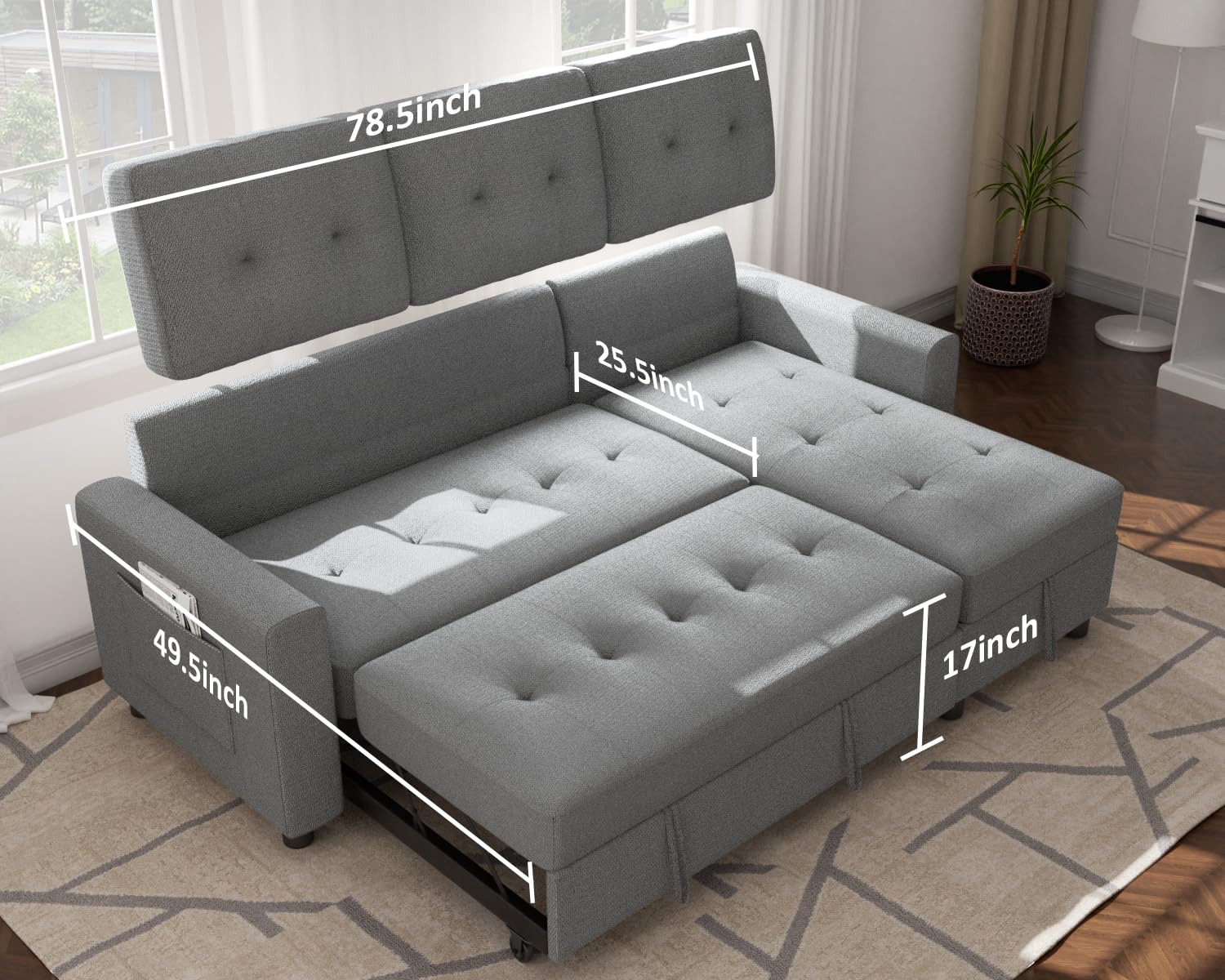 Ucloveria Sectional Sofa Couch, Sleeper Sofa Bed with Reversible Storage Chaise Pull Out Couch Bed for Living Room L-Shape Lounge 2 in 1 Futon Sofa with Side Storage Bag, Grey