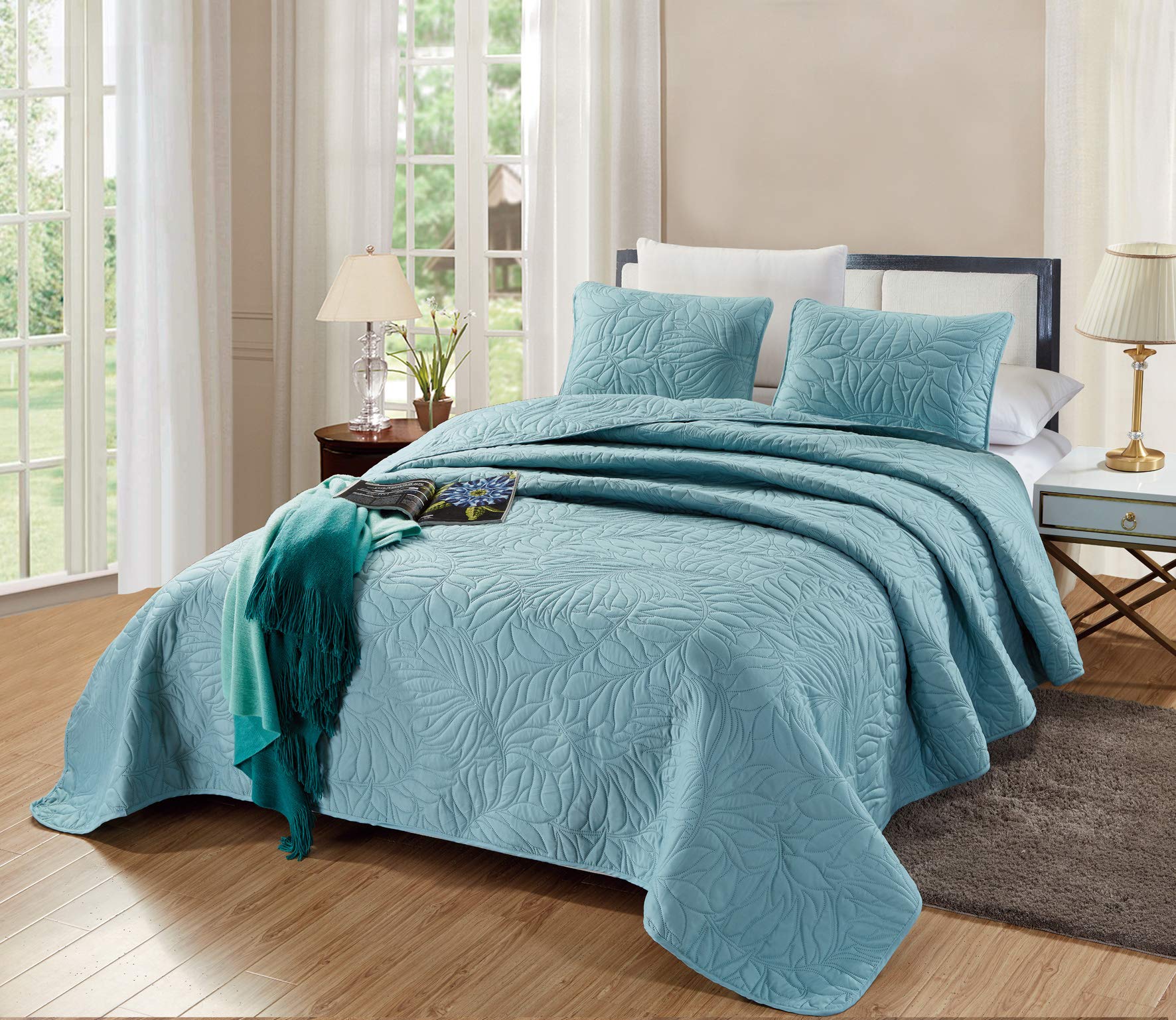 GrandLinen 3-Piece Leaf Pattern Bedspread Sets - Savannah Quilt Set in Solid Spa Blue King size 118"X106" Oversize Lightweight Coverlet with 2 Pillow Shams - Soft Microfiber
