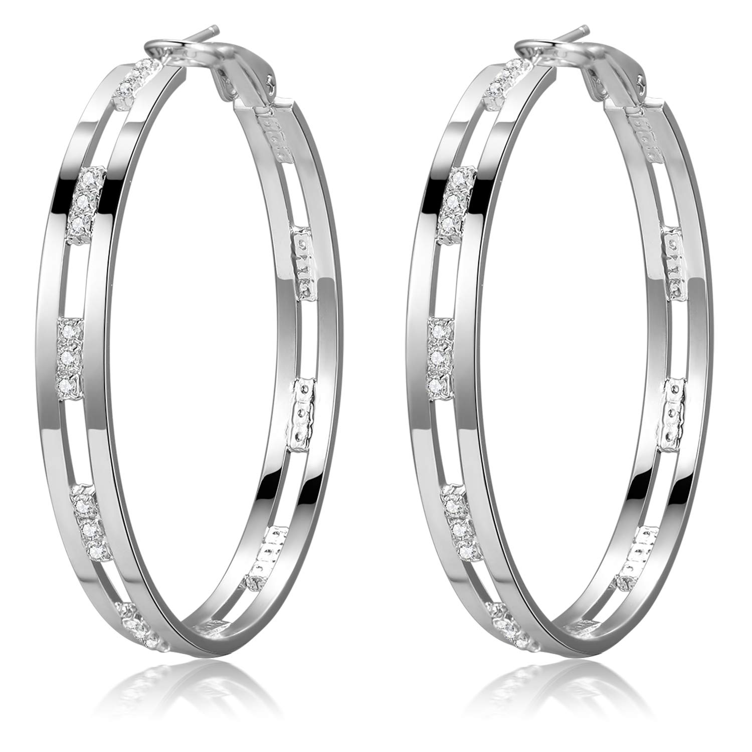GANADARA Cubic Zirconia Hoop Earrings for Women - 14K Gold Plated 925 Sterling Silver Shiny Wide Round Hoop Earrings (Silver)