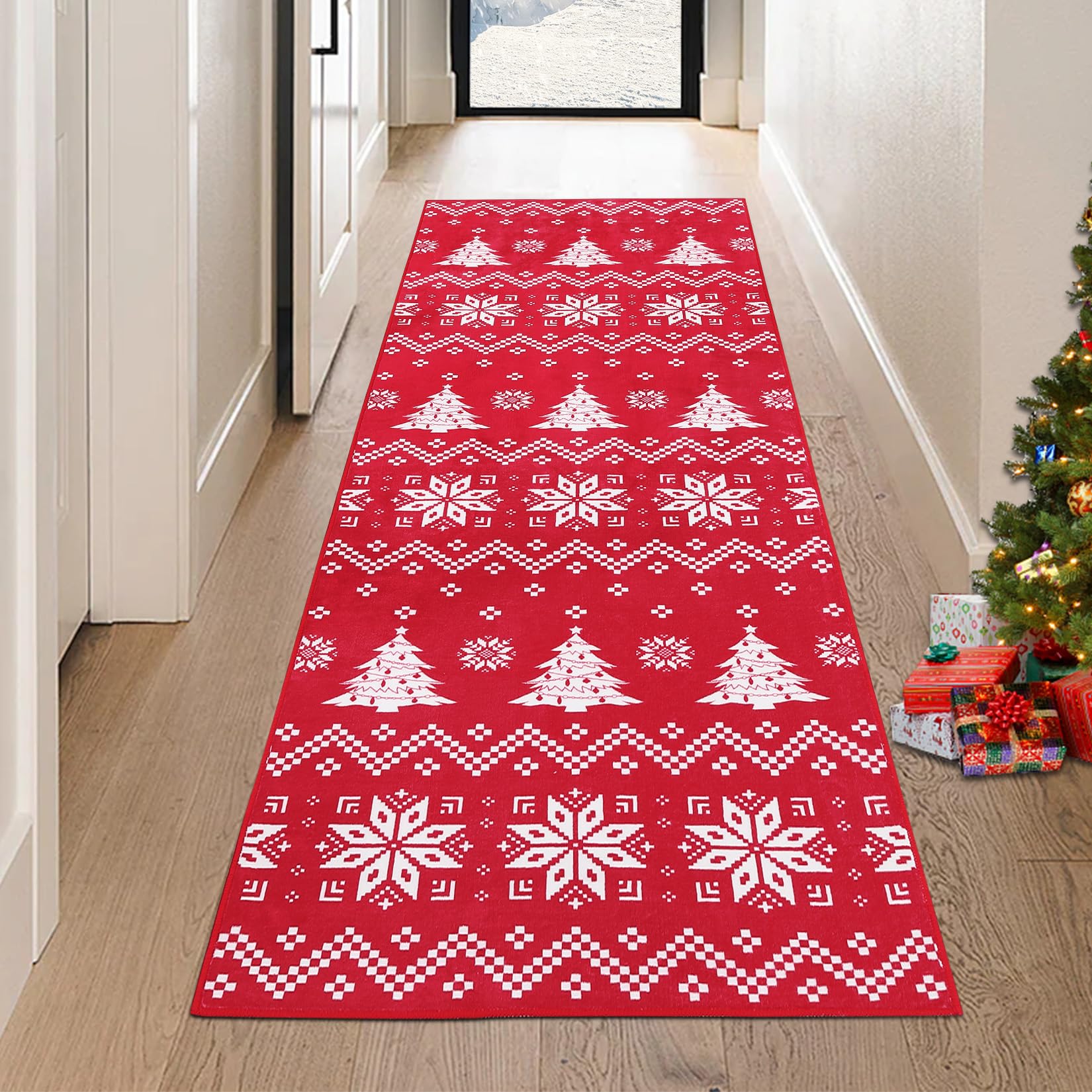 ROYHOME Christmas Runner Rug Xmas Snowflake Pattern Hallway Area Rug Holiday Decorative Accent Rug Runner Machine Washable Non-Slip Floor Cover Carpet for Kitchen Laundry Bedroom, Grey, 2x8 Feet