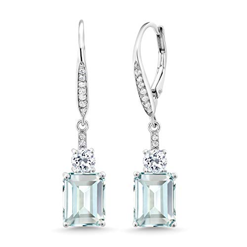 Gem Stone King 925 Sterling Silver Sky Blue Simulated Aquamarine and White Topaz Dangle Earrings For Women (5.26 Cttw, Gemstone Birthstone, Octagon 9X7MM)