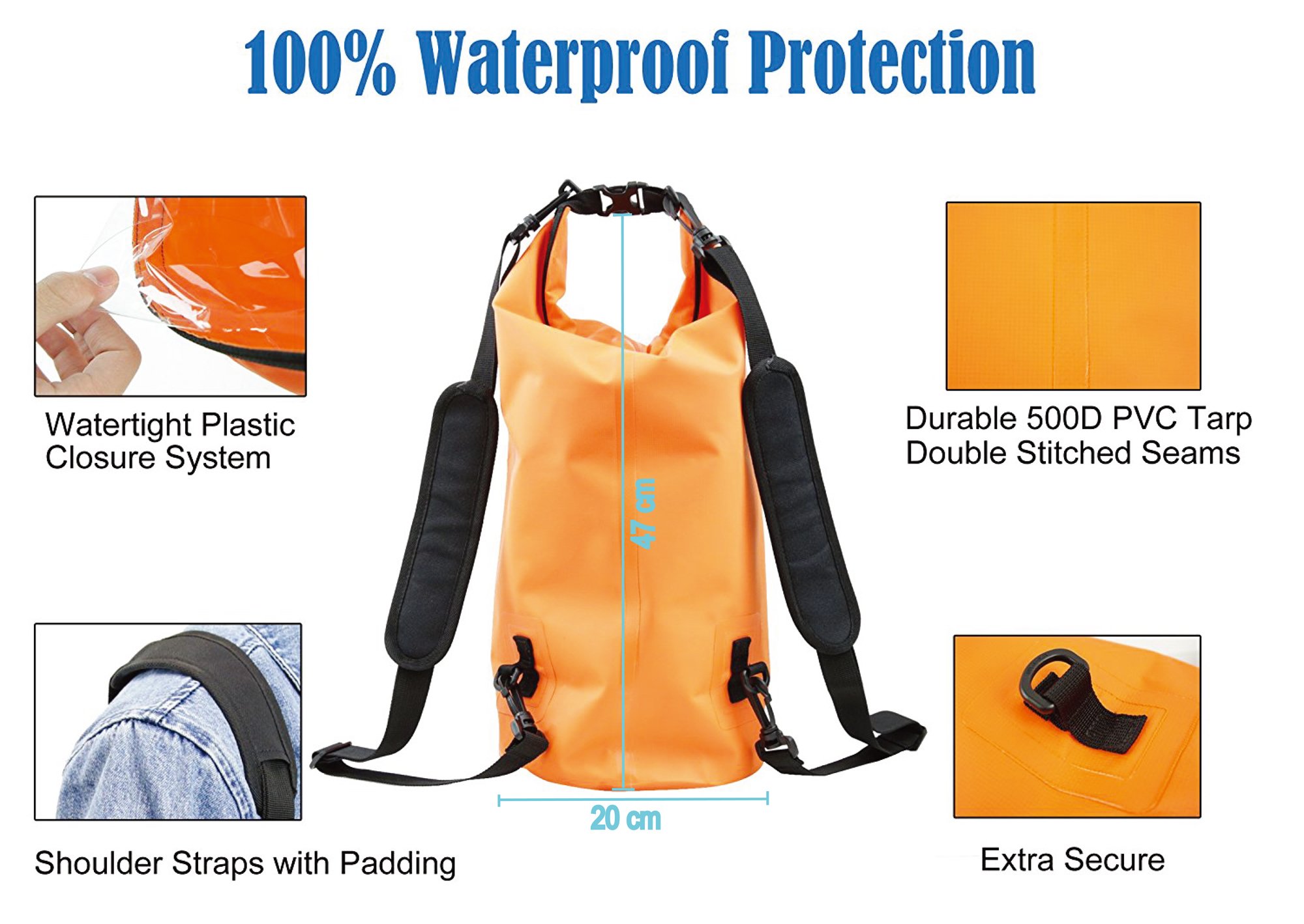 Foto&Tech Orange 10LT Waterproof Dry Bag Roll Top Dry Compression Sack Floating Dry Gear Bag Storm Sack+Backpack Style Padded Shoulder Straps for Kayaking/Boating/Beach/Rafting/Hiking/Camping/Fishing