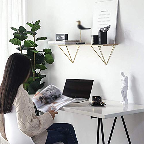 PIBM Stylish Simplicity Shelf Wall Mounted Floating Rack Shelves Iron Art Metal Solid Wood Storage Display Stand Triangle Bracket Living Room Restaurant,4 Sizes, Gold , C119x20.5x20cm