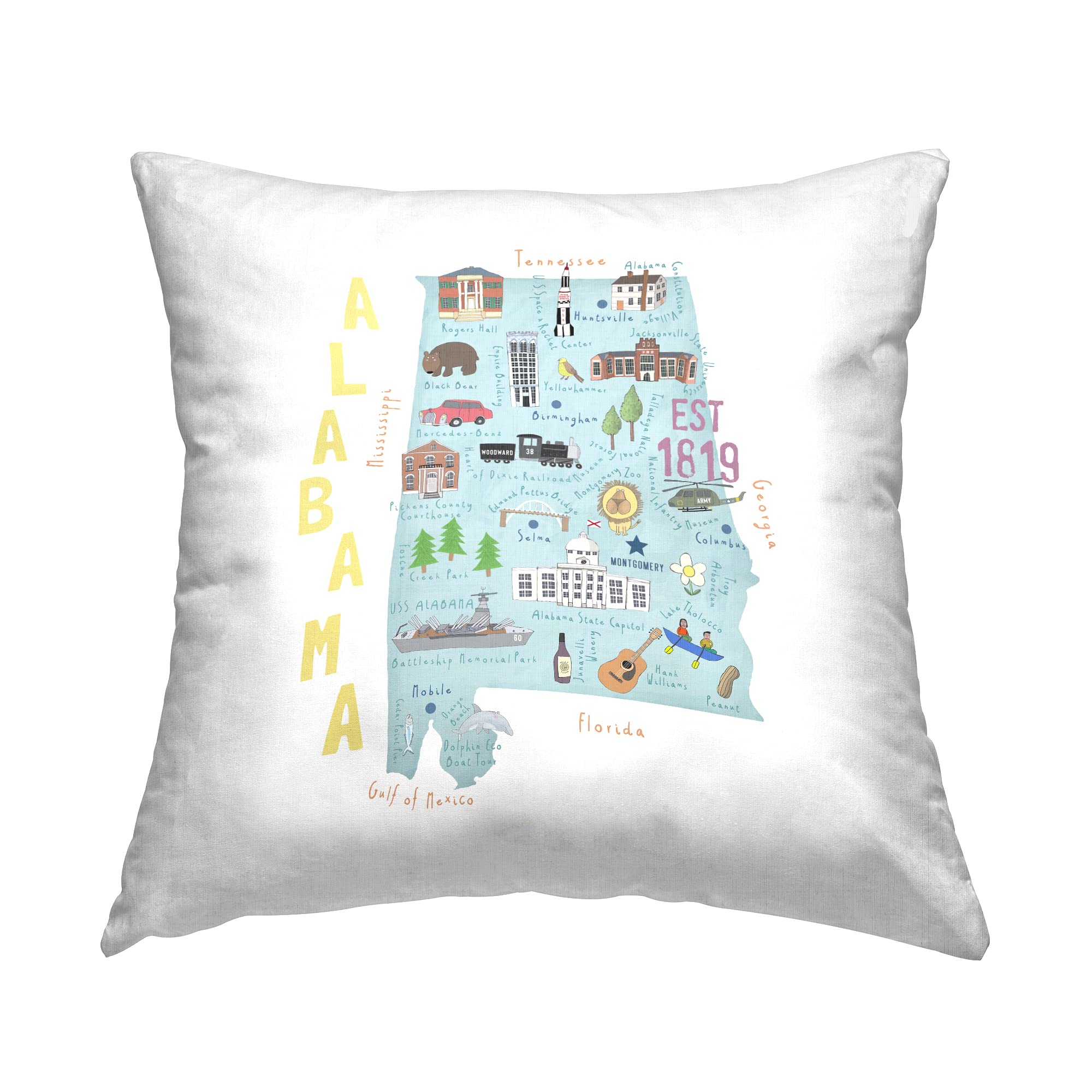 Stupell Industries Alabama Landmarks Map USA State Design by Carla Daly Throw Pillow, 18 x 18, Multi-Color