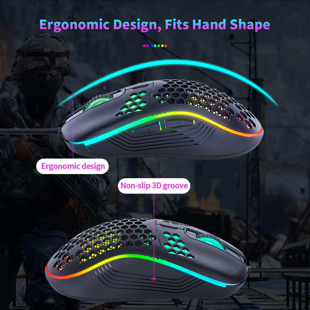HETOETF Lightweight Gaming Mouse, Wired USB PC Gaming Mice with Ultralight Honeycomb Shell, RGB Chroma LED Light, 7200 DPI Adjustable, Programmable 6 Buttons Mouse for Windows 7/8/10/XP