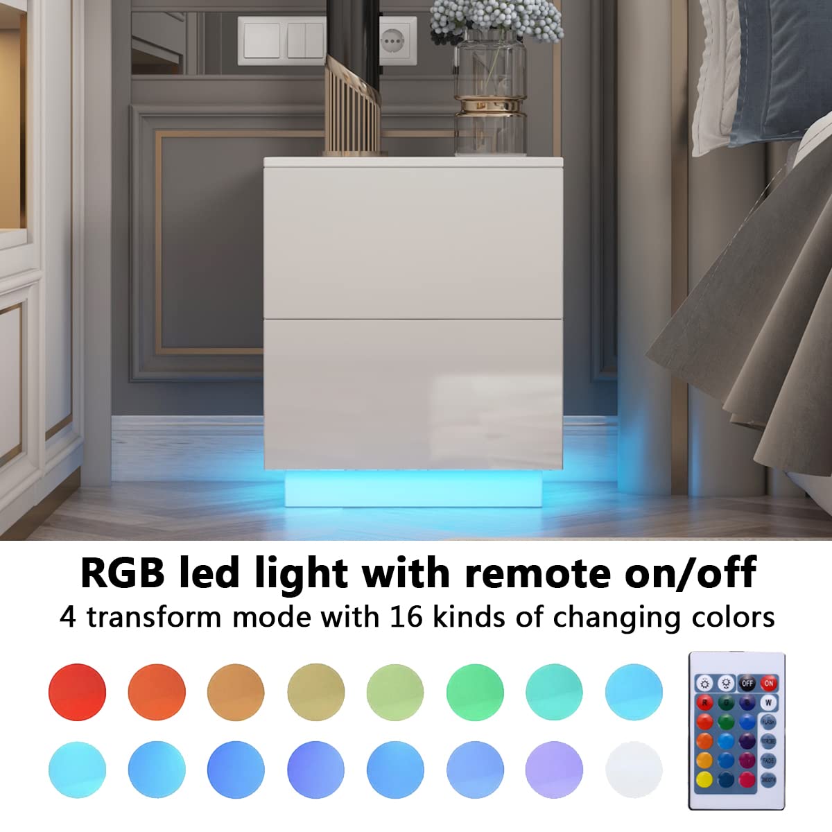 HALLOLURE LED Nightstand Modern LED Bedside Table High-end Fashion Side Table 2 High Gloss Drawers Shelf End Table Night Stand Storage Cabinet Bedroom Living Room (White)