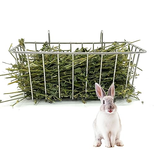 RMNHPTK Rabbit Hay Feeder Rack for Cage, Rabbit Hay Dispenser Holder Stainless Steel Heavy-Duty Metal Hanging Hay Manger for Rabbits Bunnies Guinea Pigs Chinchillas (1 Pack, 9x3.9x3.9 in)