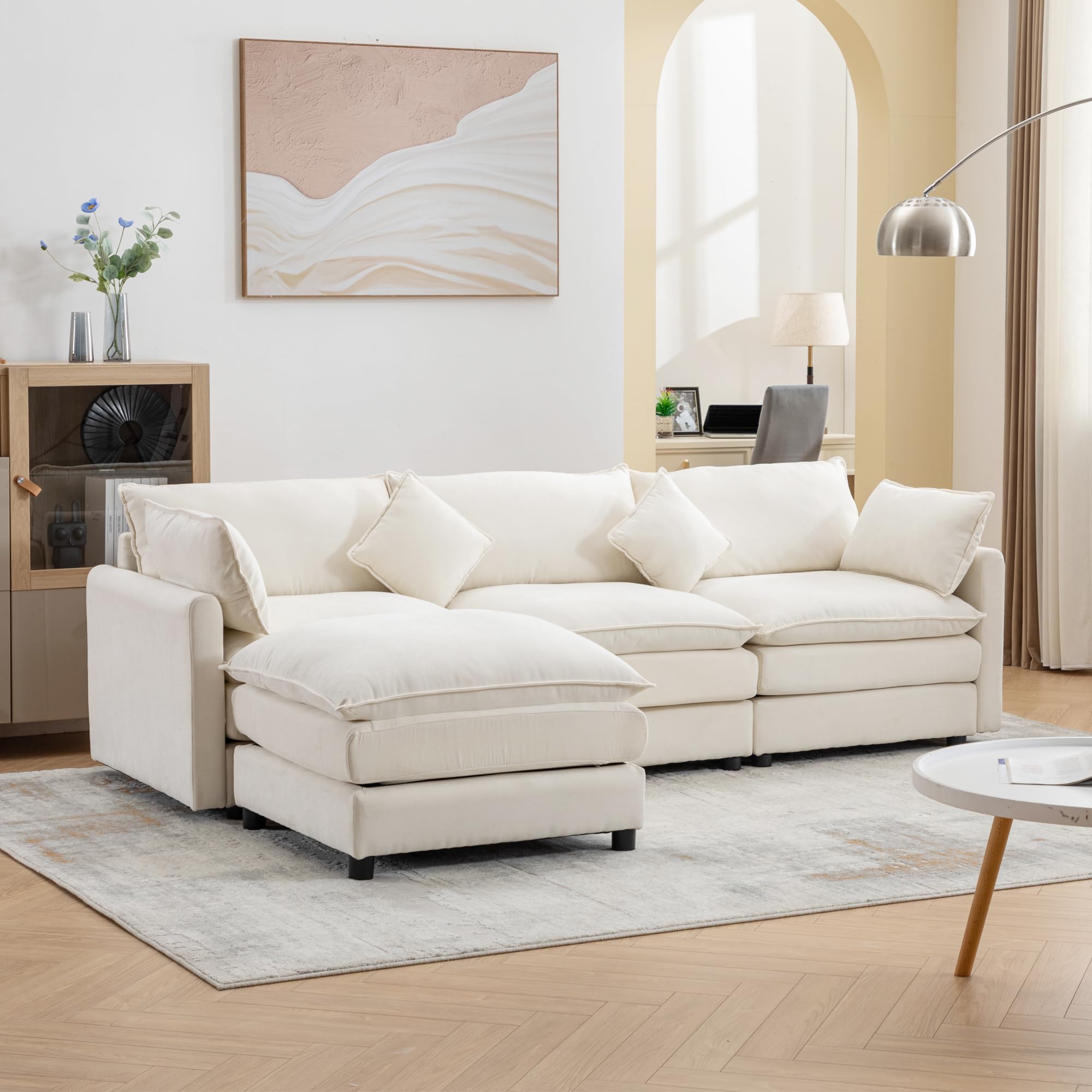 Setawix Modular Sectional Sofa Set for Living Room, Chenille L Shaped Sofa with Movable Ottoman, Modern Comfy Cloud Couch with Throw and Arm Pillows, Deep 3-Seater Sofa Couches for Apartment, Orange