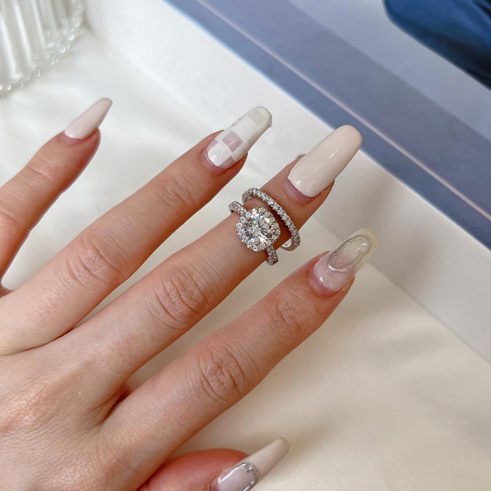 Halo Wedding Ring Set for Women Bridal Sets Wedding Rings Platinum Plated Silver, 1-1/2 Carat (ctw) Moissanite Engagement Ring Set White Gold Anniversary Promise Rings(size 6)