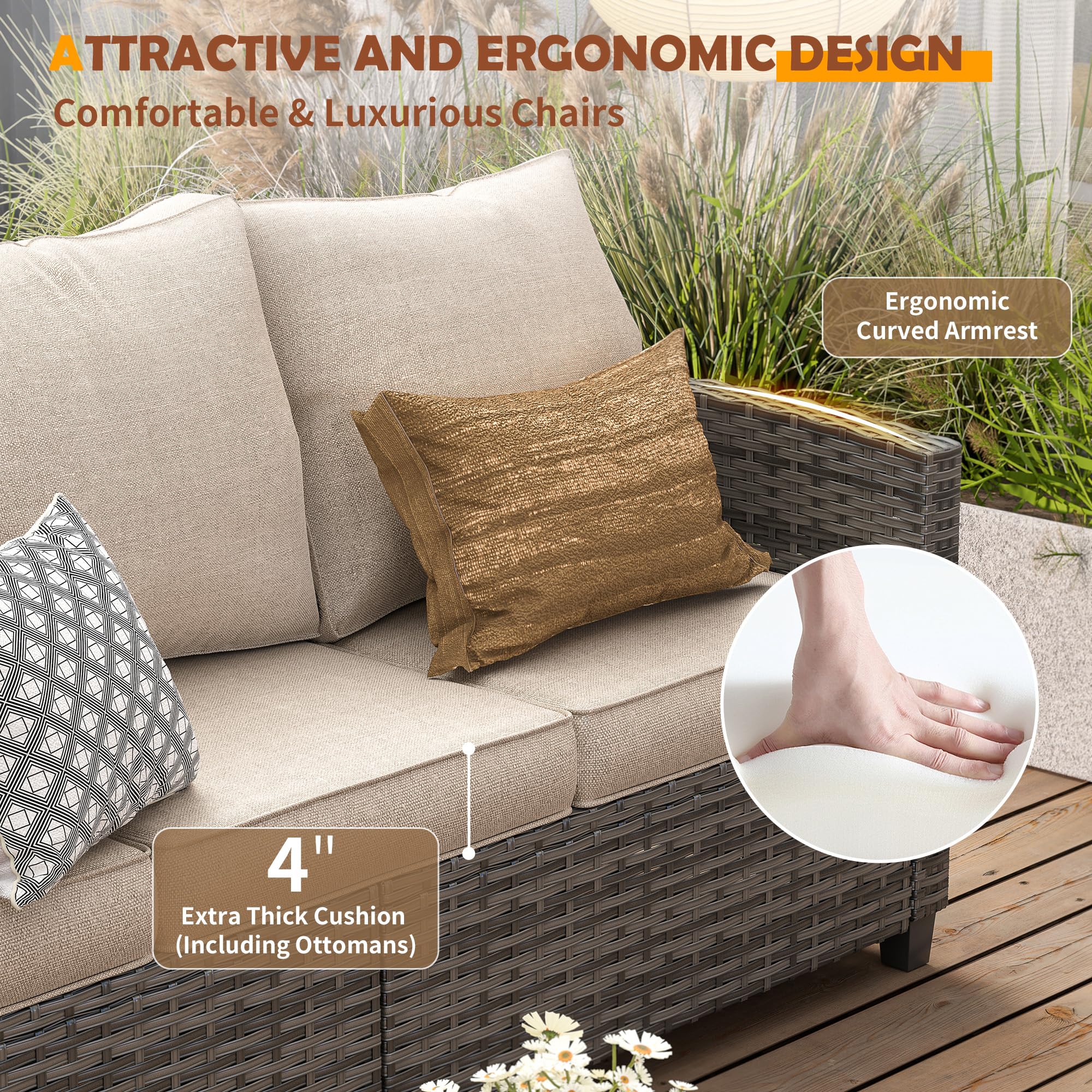 UDPATIO Patio Furniture Set with 44" Fire Pit Table, 8 Pieces Outdoor Sectional Conversation Sets, All-Weather Wicker Rattan Sofa Ottoman with 4" Thick Cushion for Garden Backyard Deck, Light Blue
