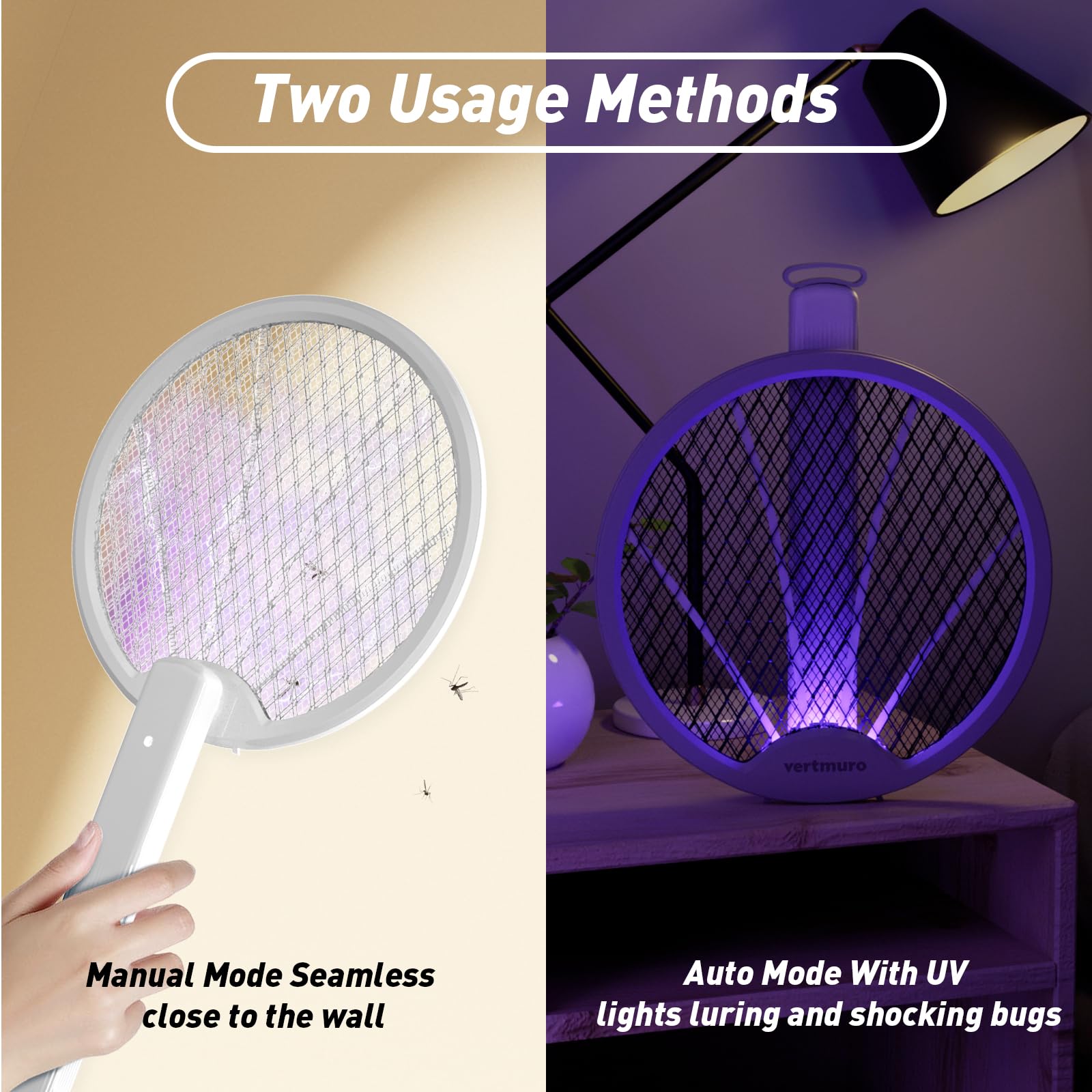 vertmuro Electric Fly Swatter, 4000V Bug Zapper Racket 2-in-1 Foldable Fly Trap with USB Rechargeable Battery, UV Light, Mosquito Killer Zapper for Indoor and Outdoor