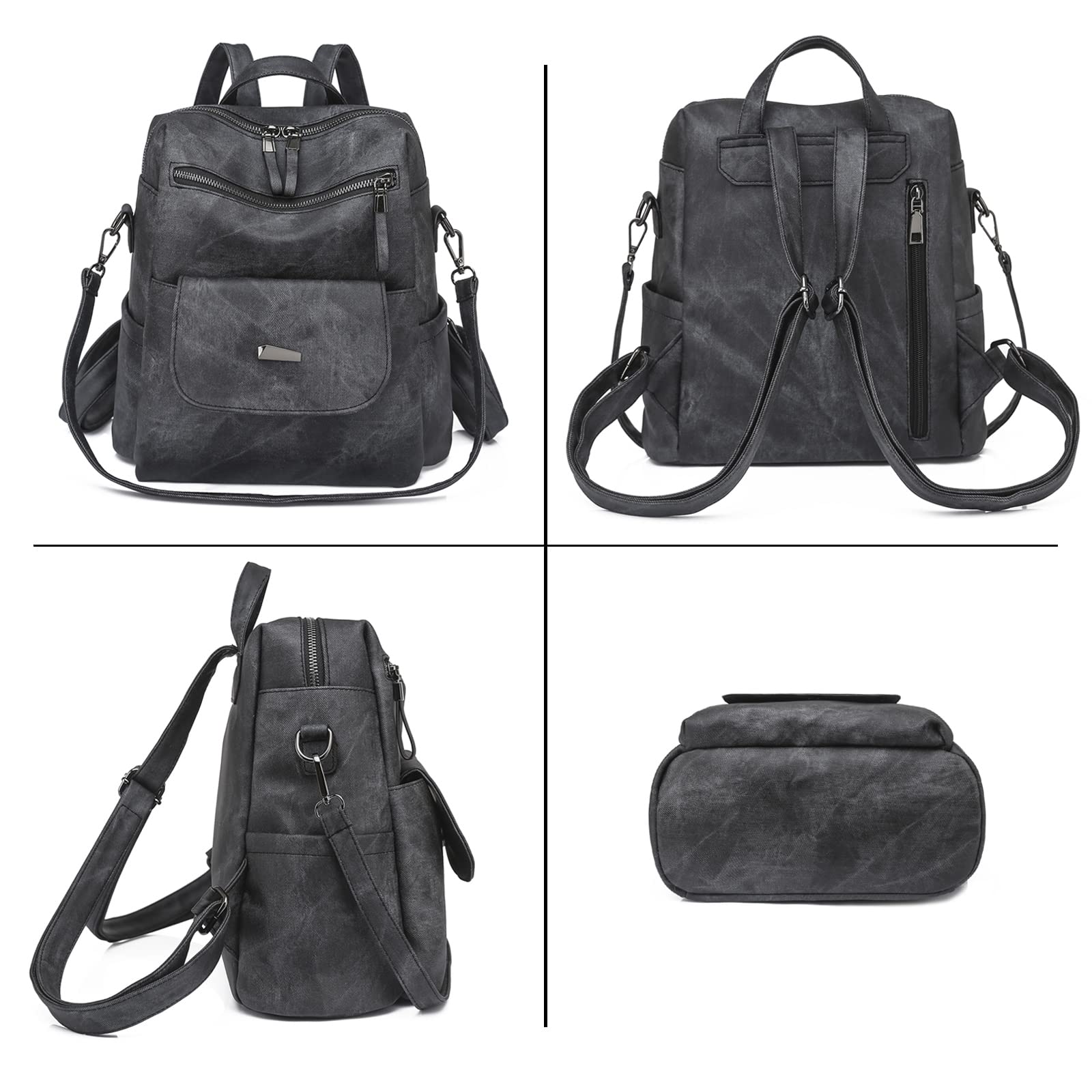 KlaOYer PU Leather Backpack Purse for Women Fashion Multipurpose Design Handbag Ladies Shoulder Bags Travel Backpack (Black)