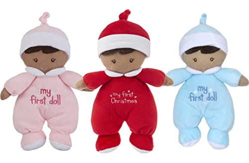 Ganz My First Doll Dollies Soft Plush Girl with Dark Complexion and Black Hair Pink Outfit, Hat. She Rattles!