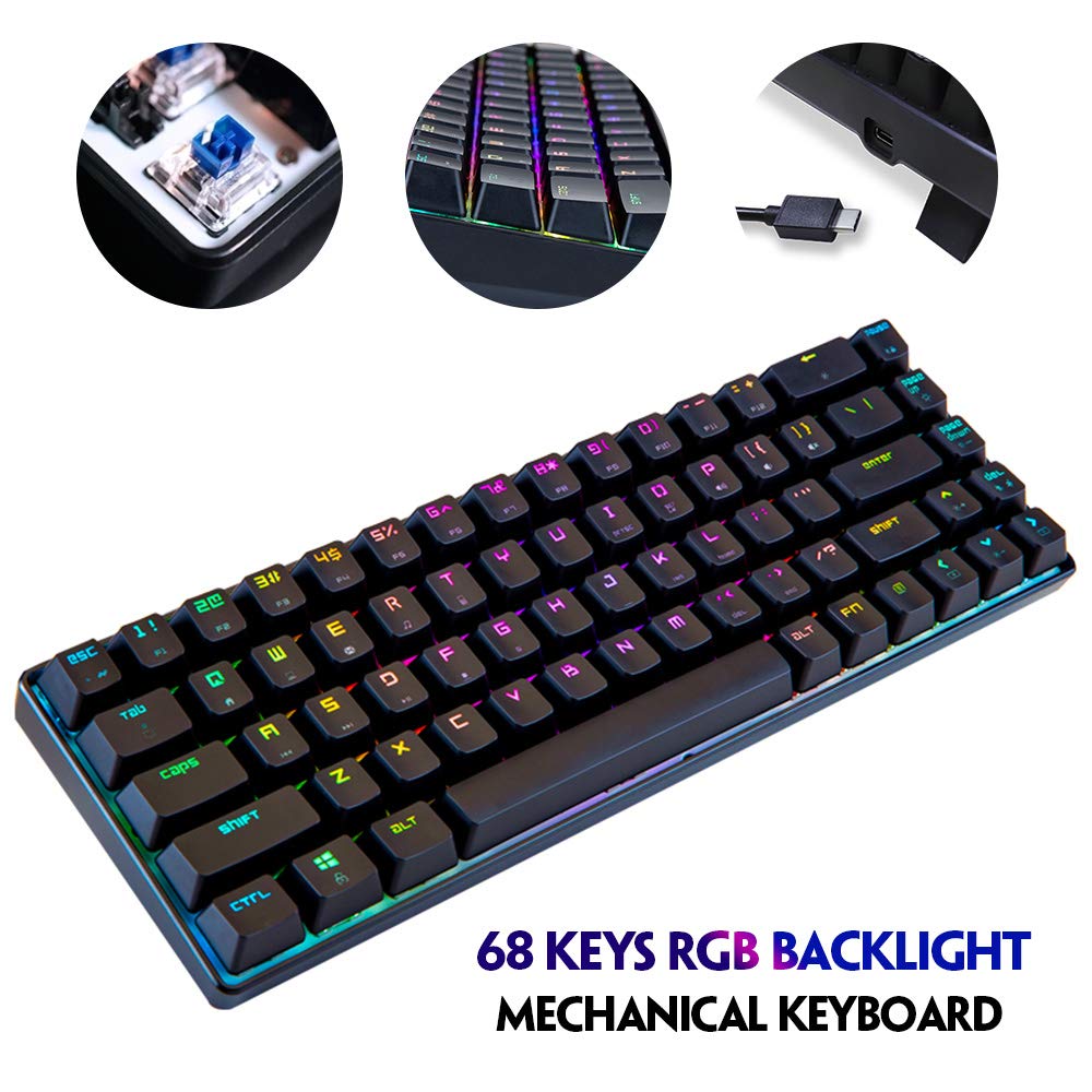 Golanhome Portable RGB Gaming Mechanical Keyboard USB Type C 68 Keys Anti-ghosting 60% RGB Mechanical Keyboard for PC Laptop(Blue Red Brown Switch) (Blue Switch)