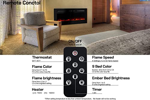 Uthfy 36" Electric Fireplace,1500W Recess & Wall Mounted Fireplace Heater & Linear Fireplace,6 Flame & 9 Ember Bed Colors,Remote Control,8H Timer,Adjustable Thermostat,Log & Crystal, Black (HY-HW36)