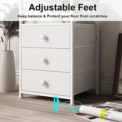 Tohomeor End Table with Charging Station LED Light Nightstand Bedroom Bed Side Dresser with 3 Fabric Drawers Open Storage Shelf Living Room Sofa End Table with USB Ports and Outlet (White, 1 Pack)
