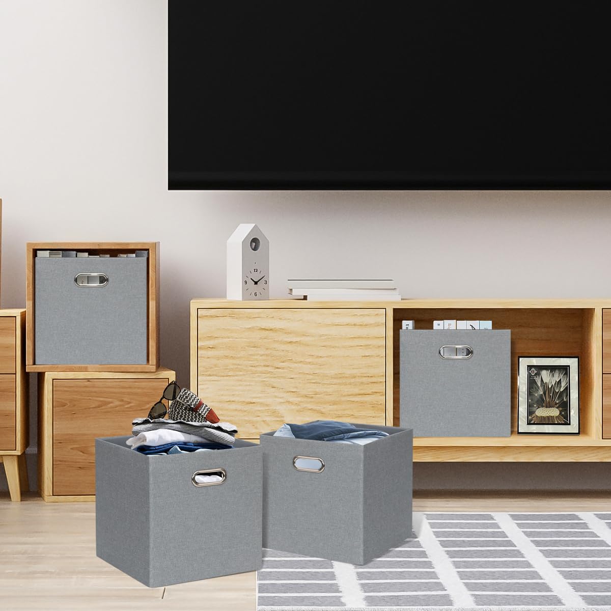 Storage Cube Basket Bins, Foldable Storage Boxes with Handles for Organization Shelf Closet, 12x12x12, Pack of 2, Beige