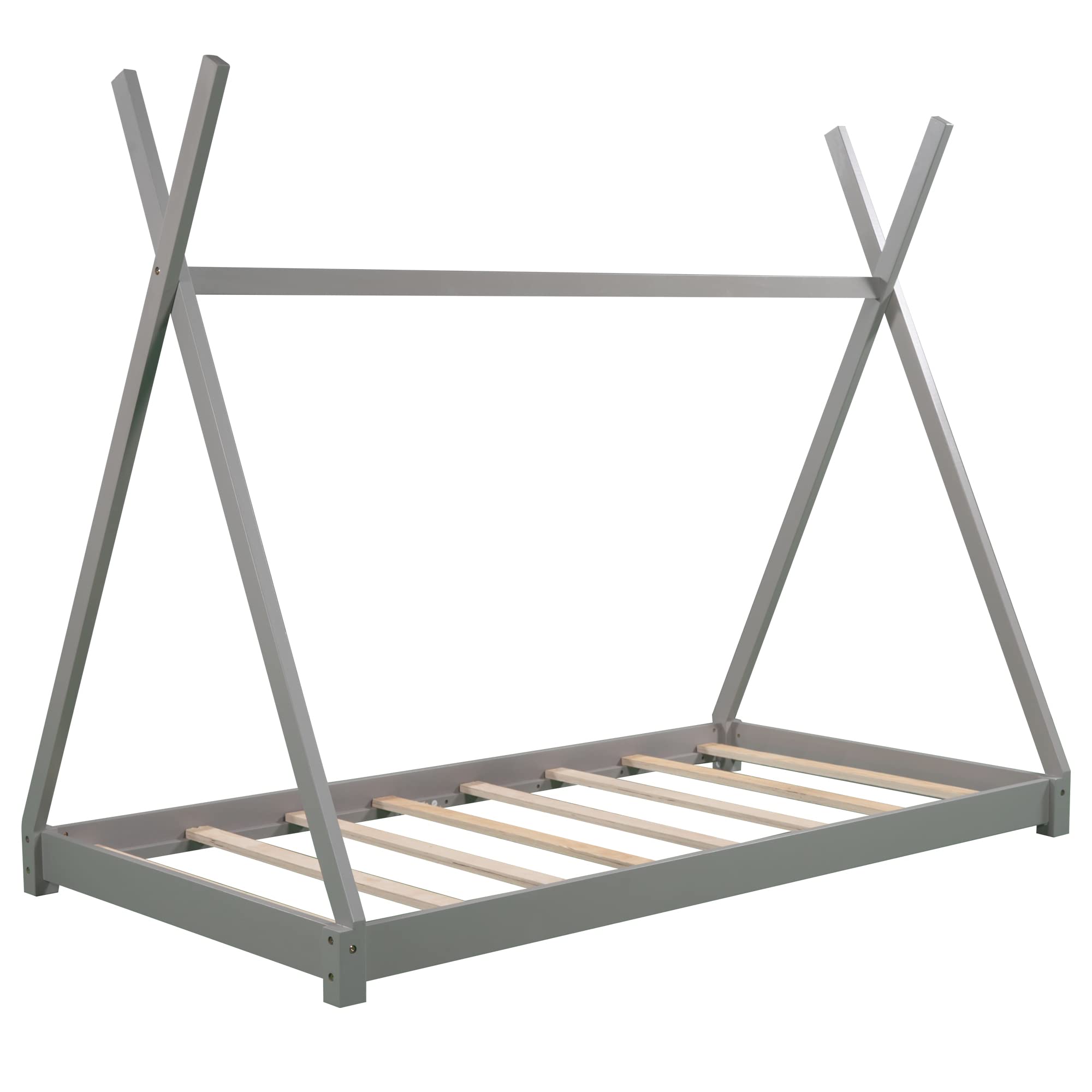 Wood Montessori Floor Bed Frame Twin Size, Twin Floor Bed with Slats and Triangle Structure, Kids Floor Bed Twin Size/Montessori Bed for Kids, Girls, Boys, Twin Bed Frame Gray
