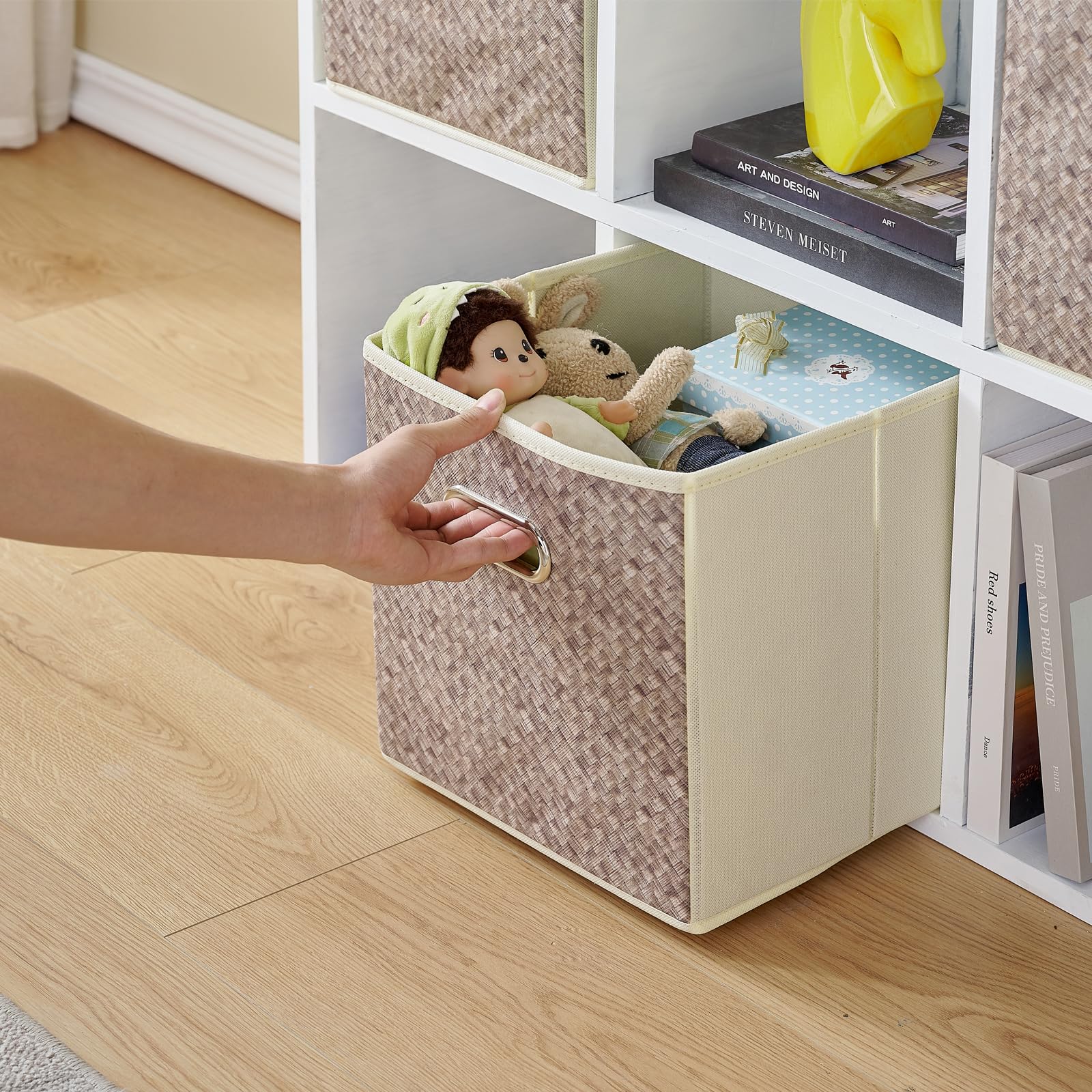 SHACO 6 Pack Beige Woven Pattern Foldable Storage Cubes Bins,10.5"x10.5" Fabric Storage Bins with Double Metal Handles,Set of 6 Closet Organizers for Shelves Cabinet Bookcase