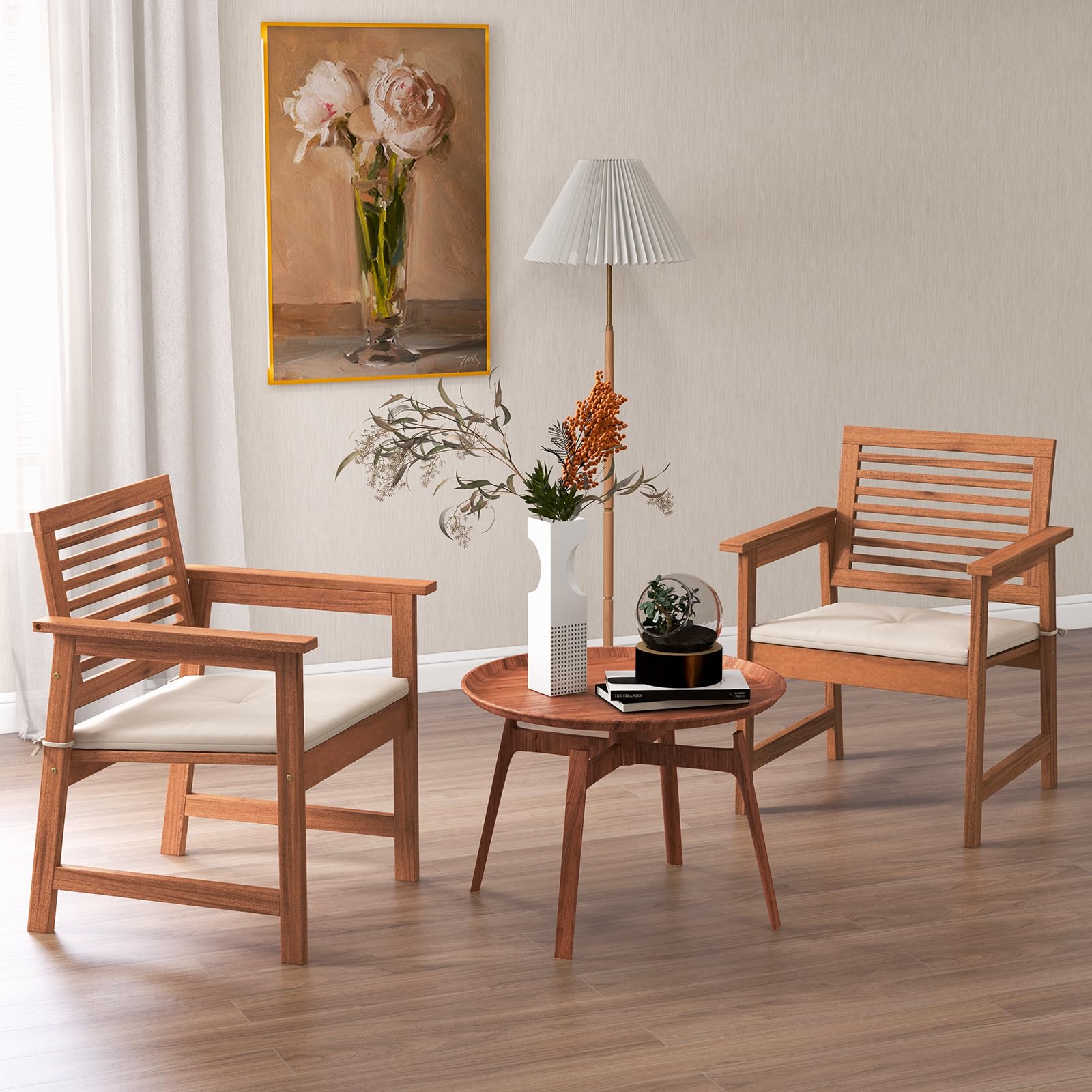 Tangkula Outdoor Dining Chairs Set of 2, Weather-Resistant Heavy Duty Slatted Wood Patio Chairs with Soft Padded Cushions, for Deck, Garden, Poolside, Balcony (2, Off White)
