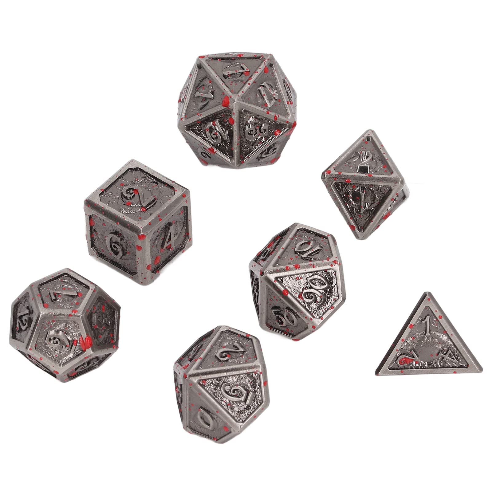 KLEOAD 7PCS Polyhedra Metal Dices Multiple Sides Engraving Number Pattern Dice Set for Table Game, Polyhedral Dice Set, Metal Dice Set for Role Playing Table Games(Electroplated Red Spots)