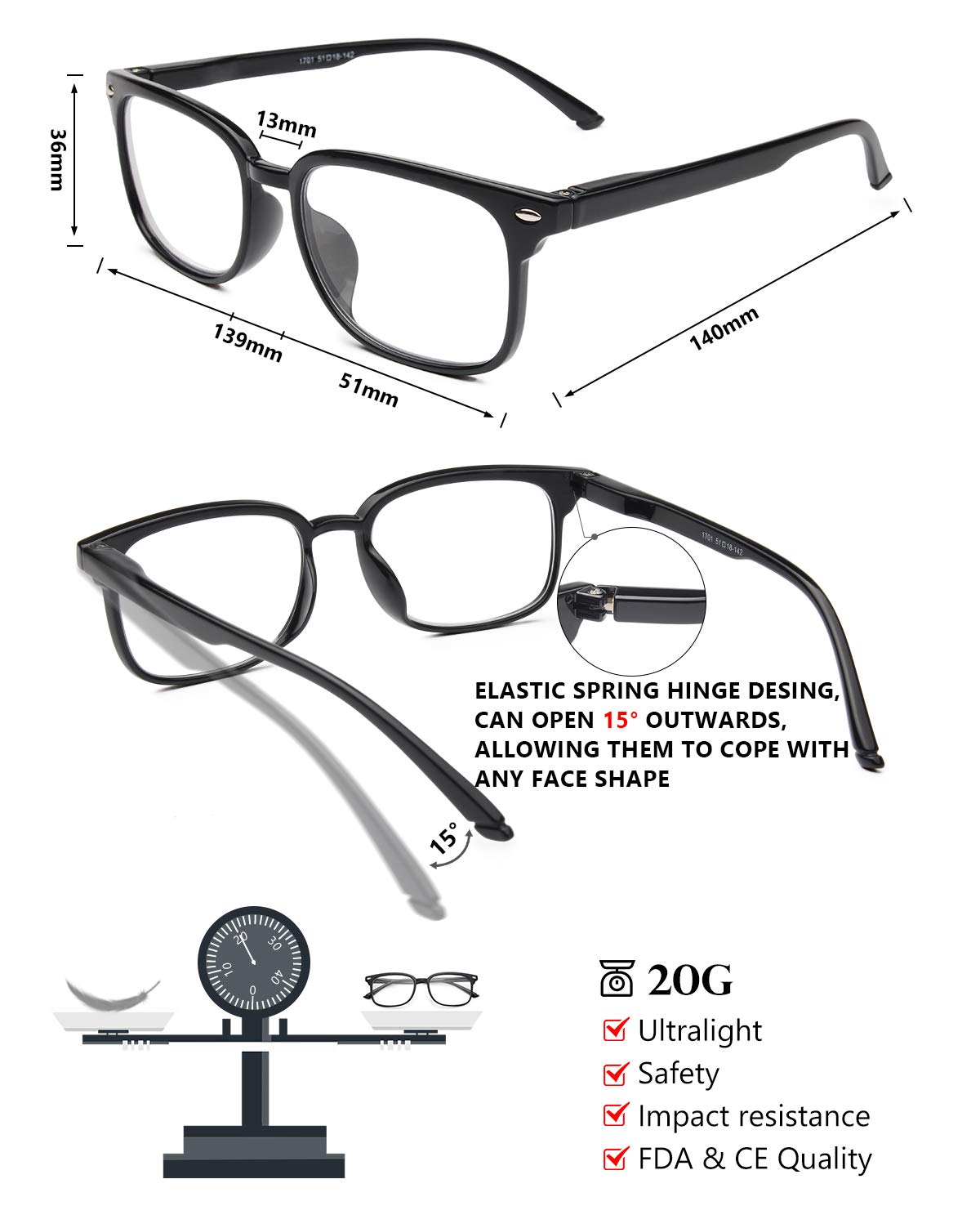 Gaoye Progressive Multifocus Reading Glasses Blue Light Blocking for Women Men,No Line Multifocal Readers with Spring Hinge (Light Black/GY1701, 2.0)
