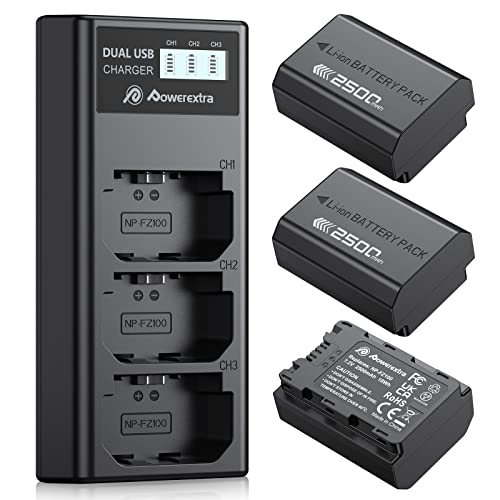 Powerextra Replace for Sony NP-FZ100 Battery and LCD Triple Charger for Firmware 2.0 Sony Alpha A7 III, A7R III, A9, Sony Alpha 9, A7R3, a6600, a7R IV, Alpha a9 II, Alpha 9R, A9R, Alpha 9S Camera