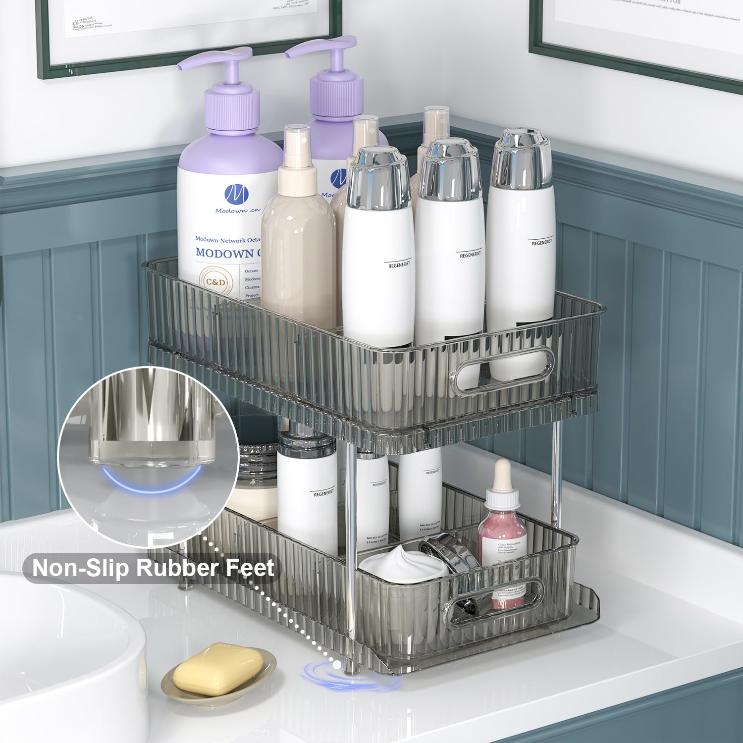 Fowooyeen Bathroom Cabinet Organizer, 2 Tier Pull Out Under Sink Organizers and Storage, Multi-Purpose Kitchen Pantry Medicine Organization and Storage Shelves Bins with Movable Dividers Grey