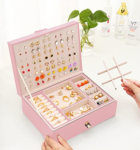 QBestry Stud Earring Organizer for Girls Stud Box for Earrings Necklace Jewelry Organizer Studs,Girls Earring Box for Womens, Holder Rings Organizer Jewelry Earring Storage Box,Pink