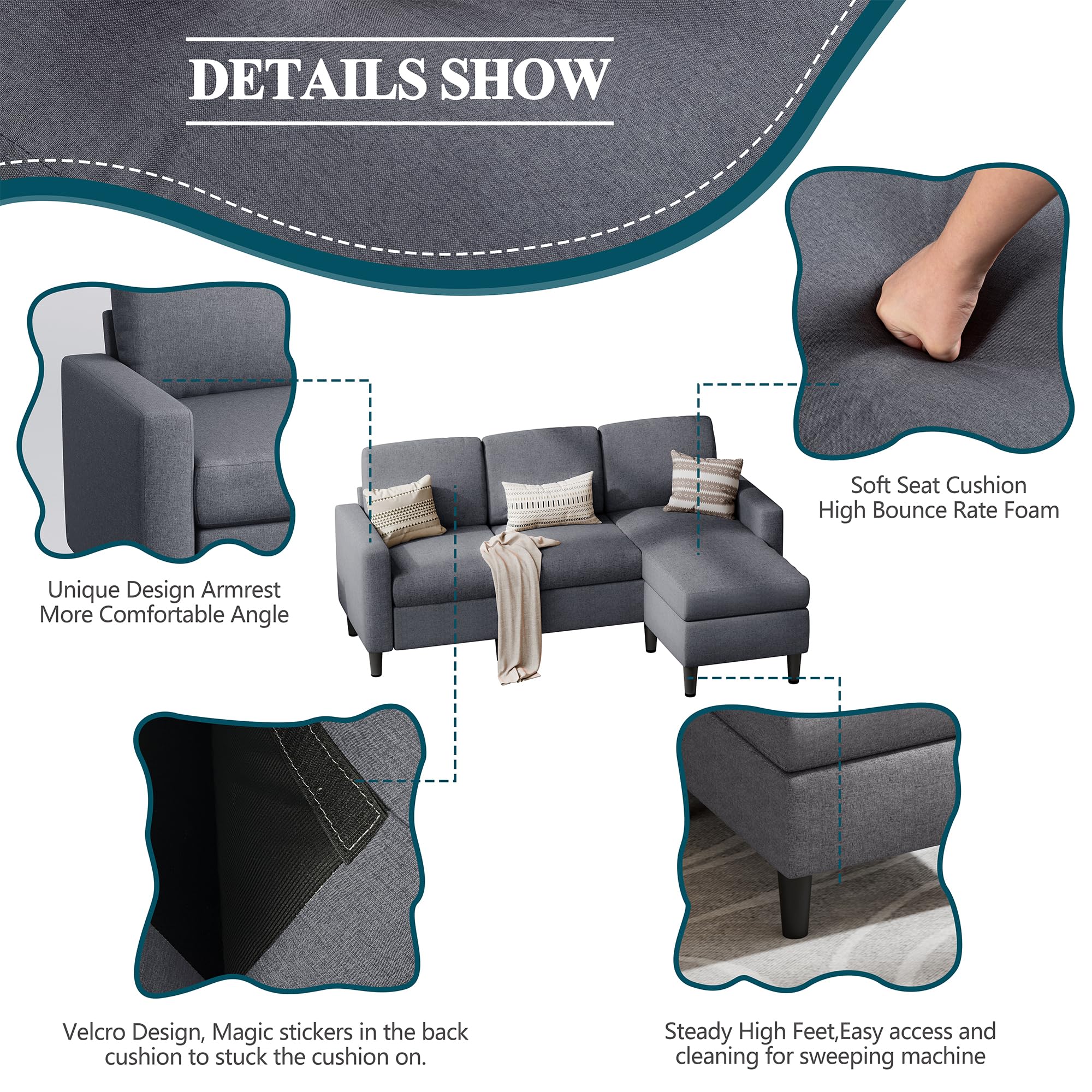 SUNLEI L Shaped Couches for Living Room, Small Sectional Sofa with Reversible Chaise, Convertible Sectional Sofa with Modern Linen Fabric, Space Saving for Apartment(Dark Grey)