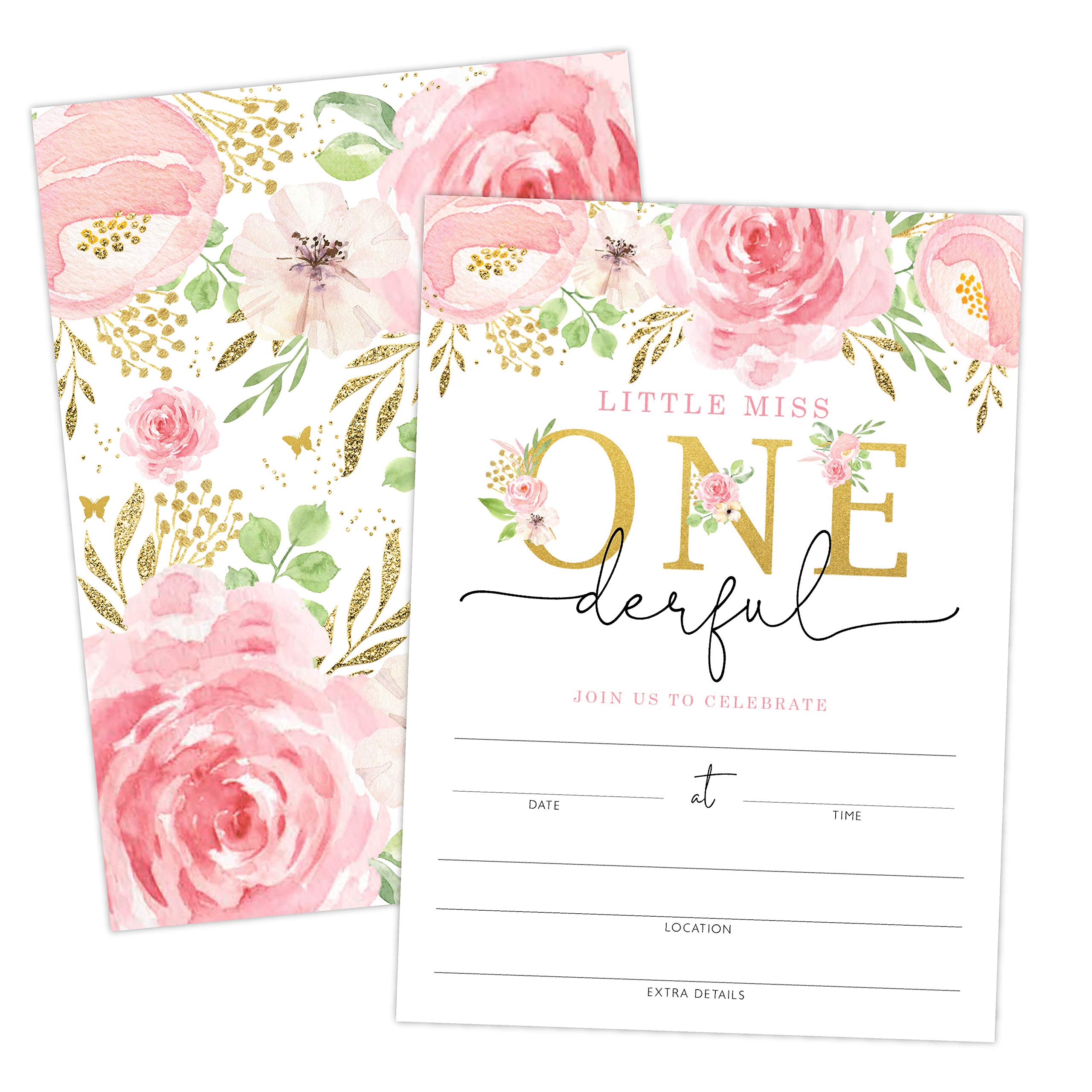Your Main Event Prints Little Miss ONEderful First Birthday Invitations With Flowers and Butterflies - 20 Invitations - Envelopes Not Included