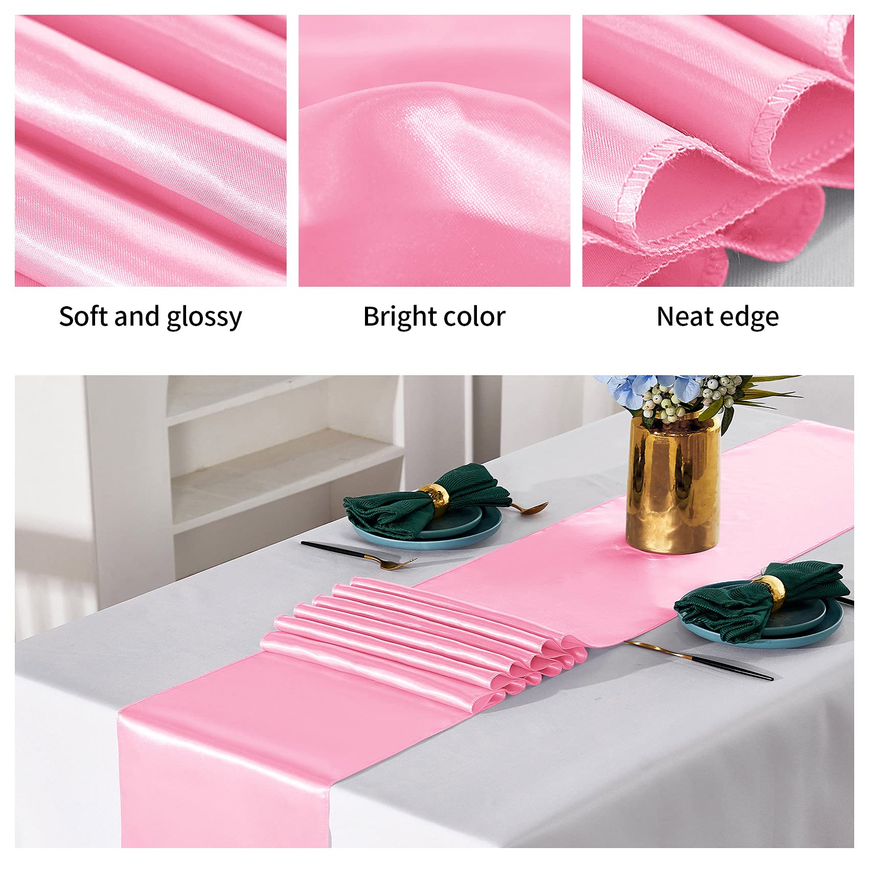 yourose 5 Pack Satin Table Runners 12 x 108 inch for Wedding Banquet Decoration, Bright Silk and Smooth Fabric Party Table Runner (Pink,5 piecess)