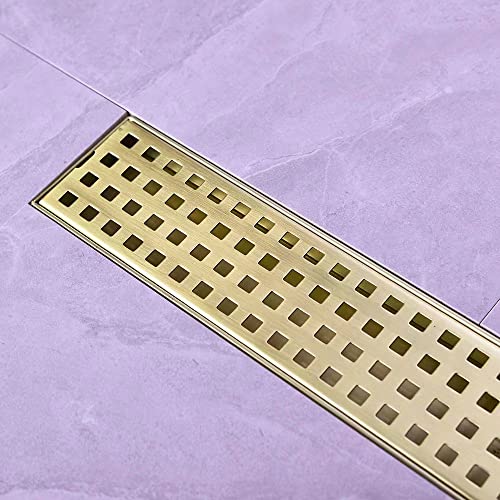 Nicmondo Linear Shower Drain 24 Inch, Bathroom Rectangular Floor Drain with Removable Cover Grid Grate, Adjustable Leveling Feet, Hair Strainer, SUS304 Stainless Steel Trench Drains, Brushed Gold