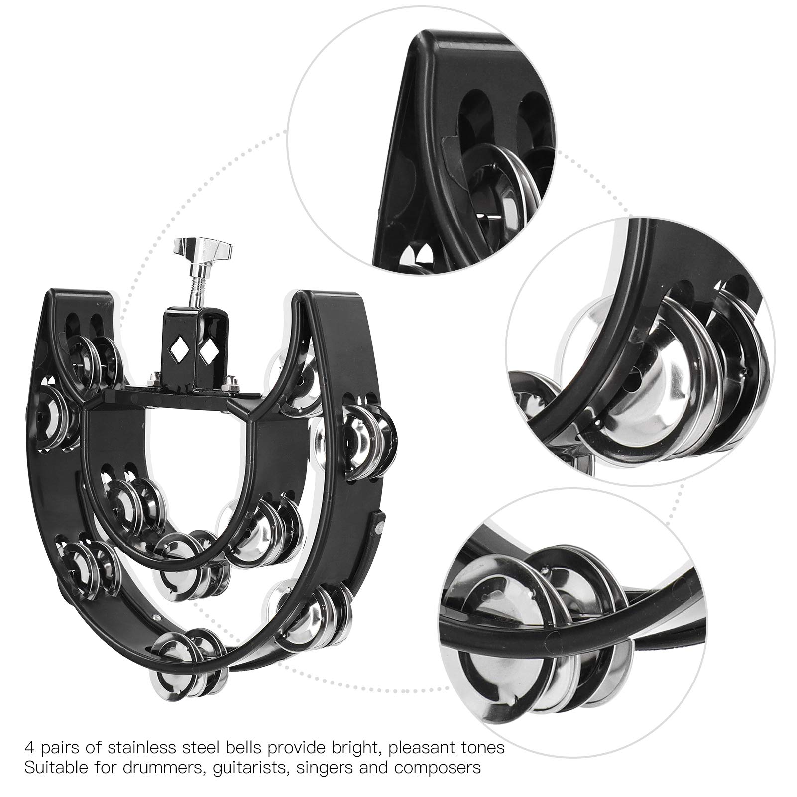 Hi Hat Tambourine Half Moon Hand Bell Rattle Double Row Bells with Mounting Bracket for Drummers Guitarists
