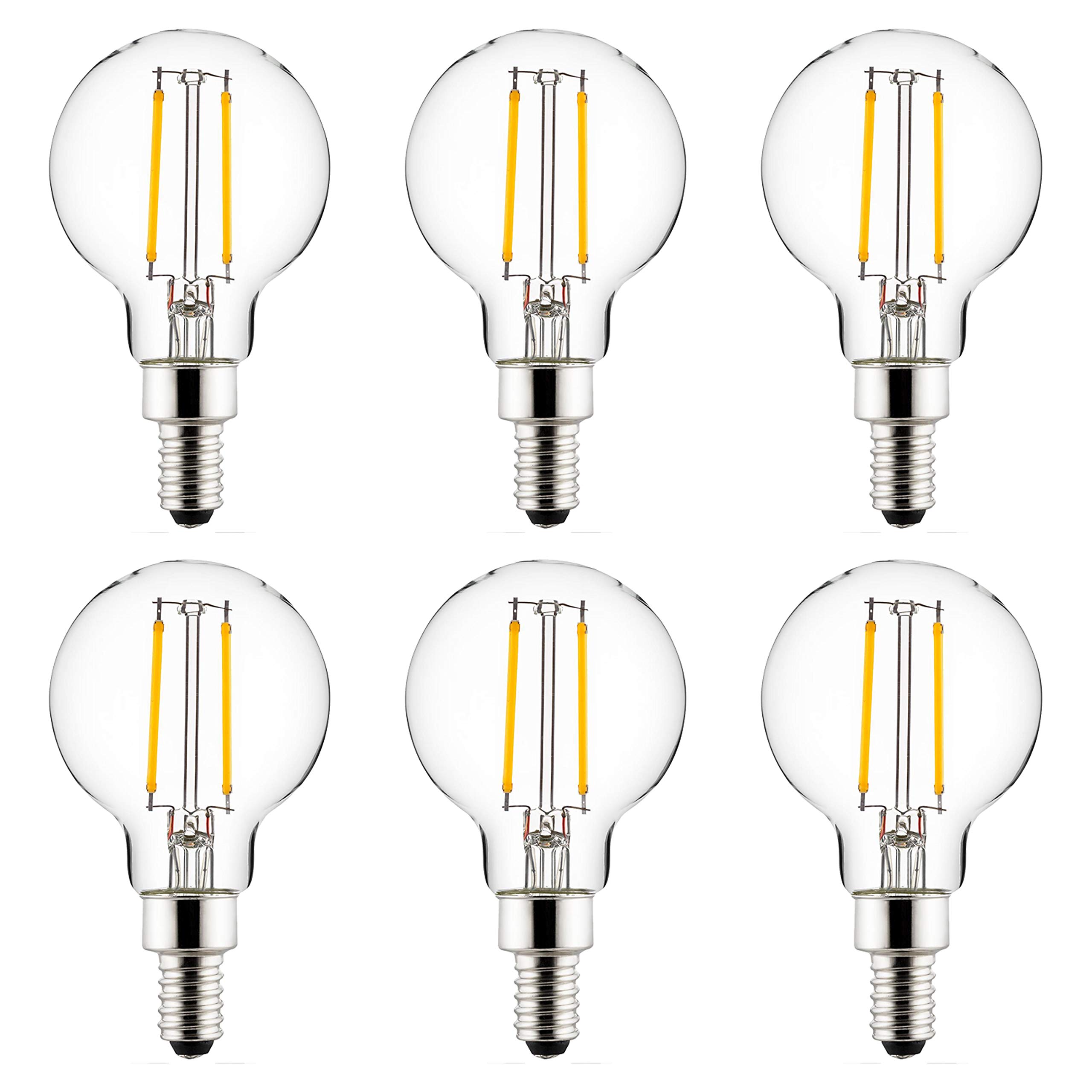 Sunlite 40959 LED G16.5 Filament Style Globe Light Bulb, 2.5 Watts (25W Equivalent), 250 lumens, Dimmable, Candelabra Base (E12), UL Listed, 3000K Warm White, 6 Count