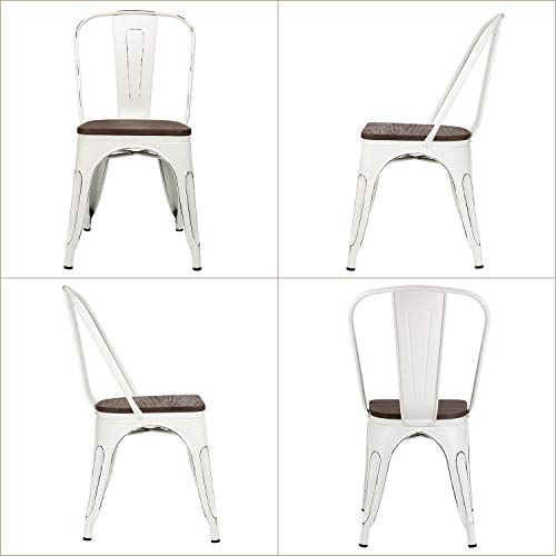 Furniwell Metal Dining Chairs with Wood Seat, Indoor Outdoor Use Stackable Tolix Industrial Metal Chairs Set of 4 for Kitchen, Dining Room, Bistro and Cafe (White)