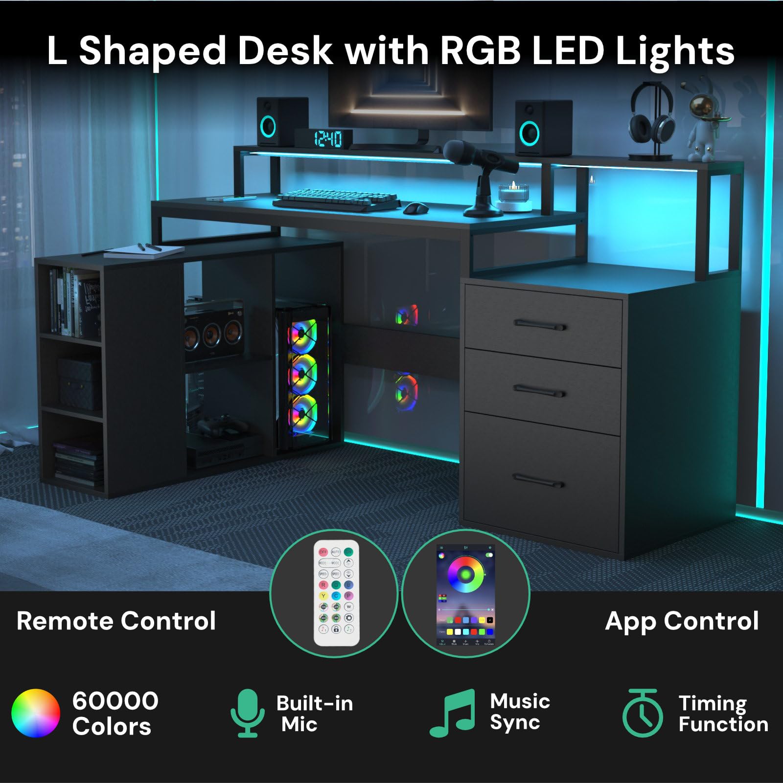 SunsGrove L Shaped Computer Desk with 3 Drawers, 65.7" Large Desk with Power Outlet and LED Lights, Corner Computer Desk with Monitor and CPU Stand, Home Office Desks with File Drawer (Black)
